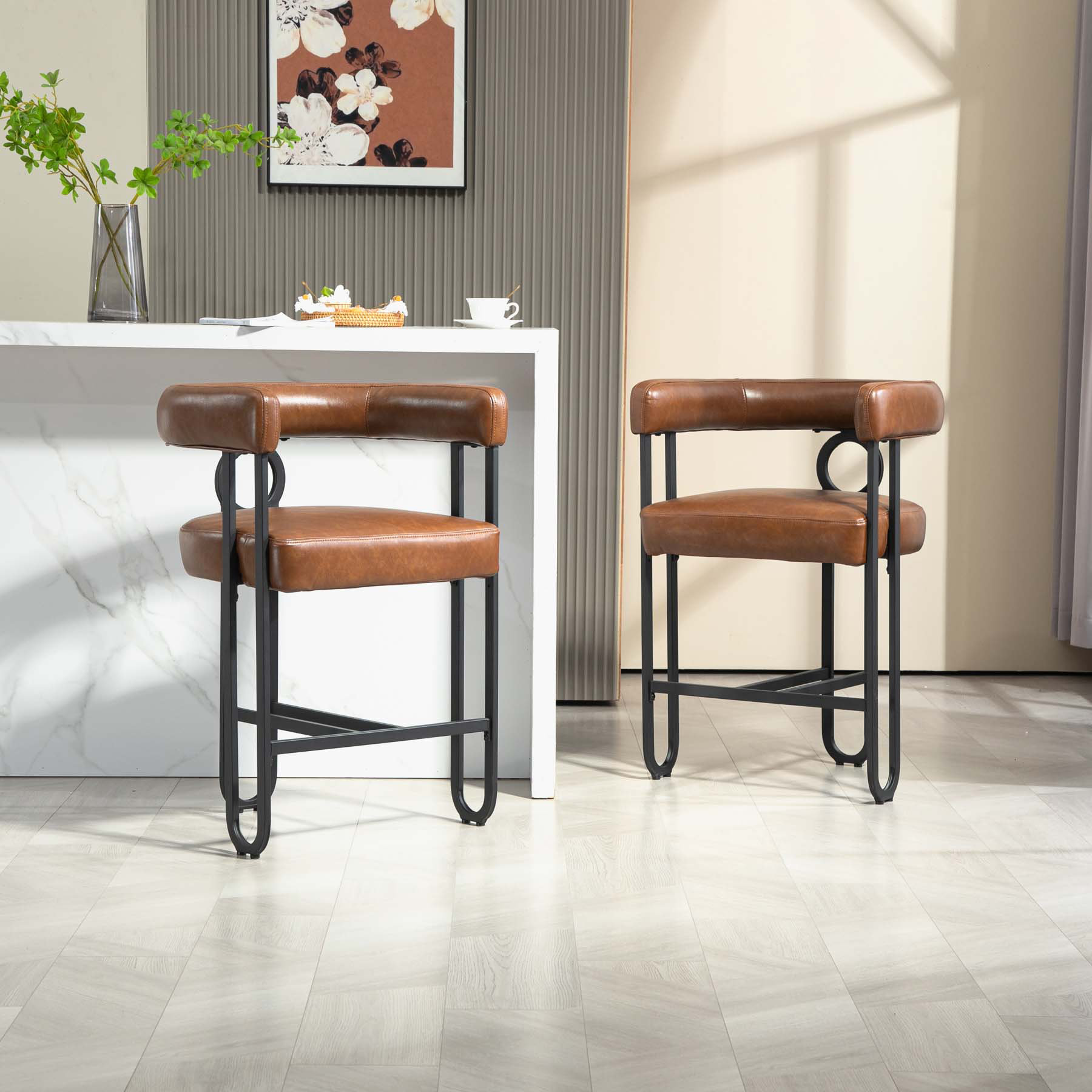 17 Stories Bar Stools Set of 2, Modern Bar Stool with Back, Black Metal ...