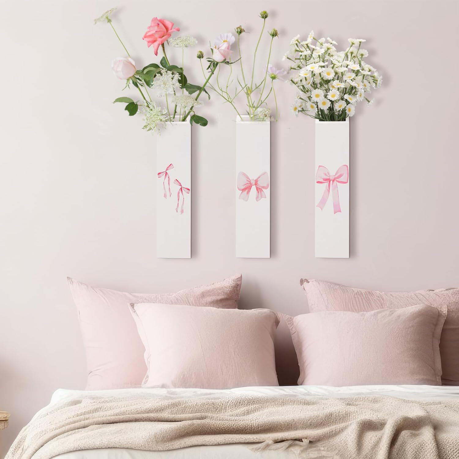 Latitude Run® 3 Pack Pink Bow Vase Wall Art Decor Flower Bow Vase ...