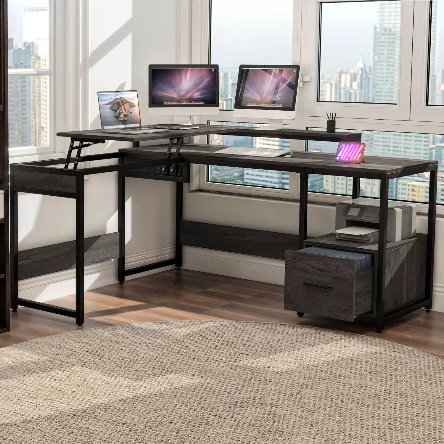 17 Stories 65.4'' L-Shaped Computer Desk With Monitor Stand & Lift Top ...