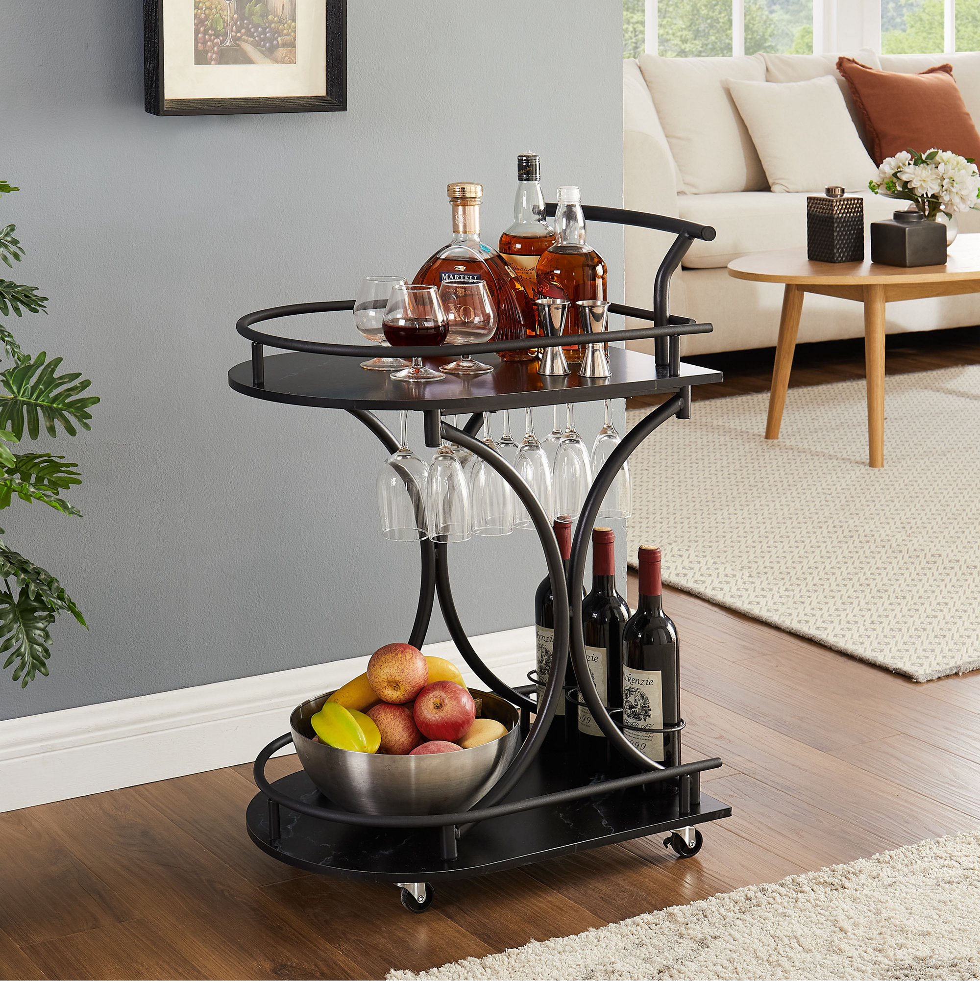 Latitude Run® Black 2-Tier Bar Cart, Slide Bar Serving Cart, Retro ...
