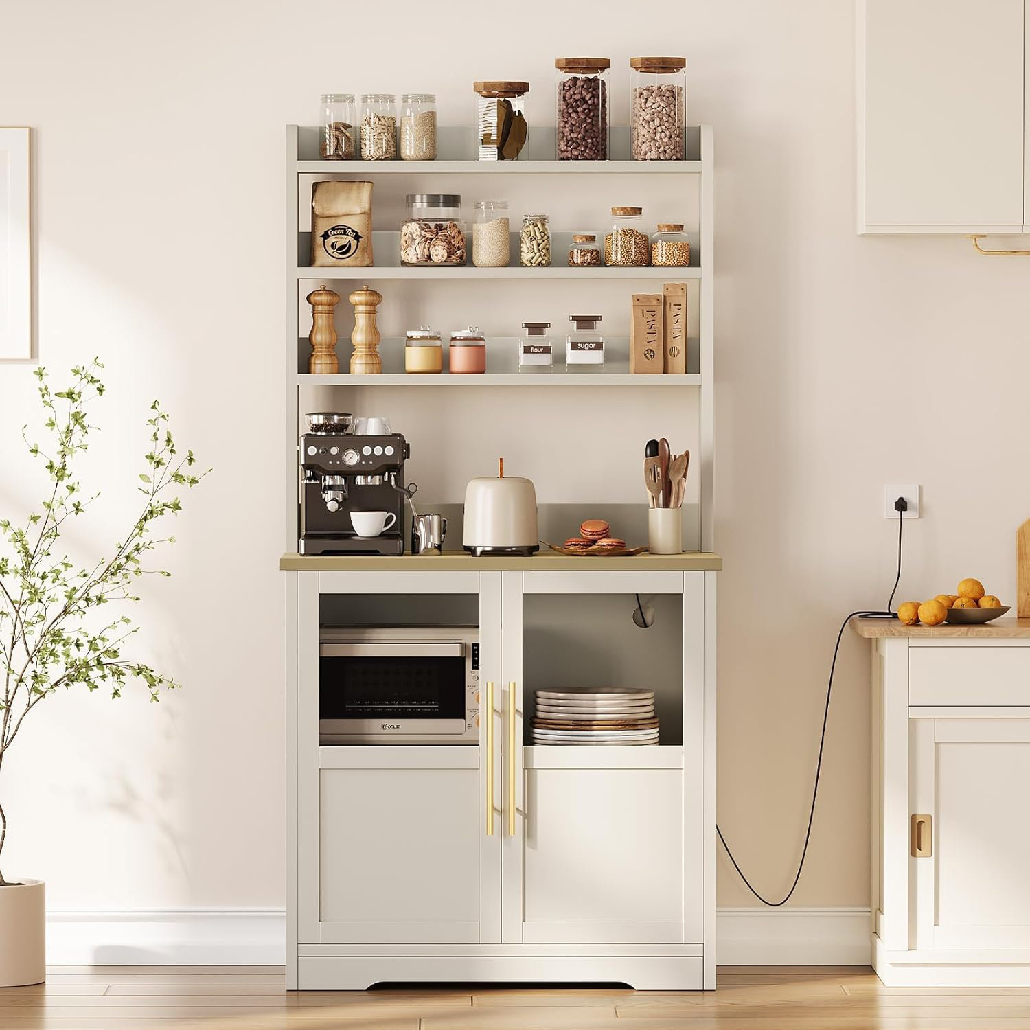 Winston Porter Bagby 30.7" Bakers Rack with 2 Glass Doors, Farmhouse ...