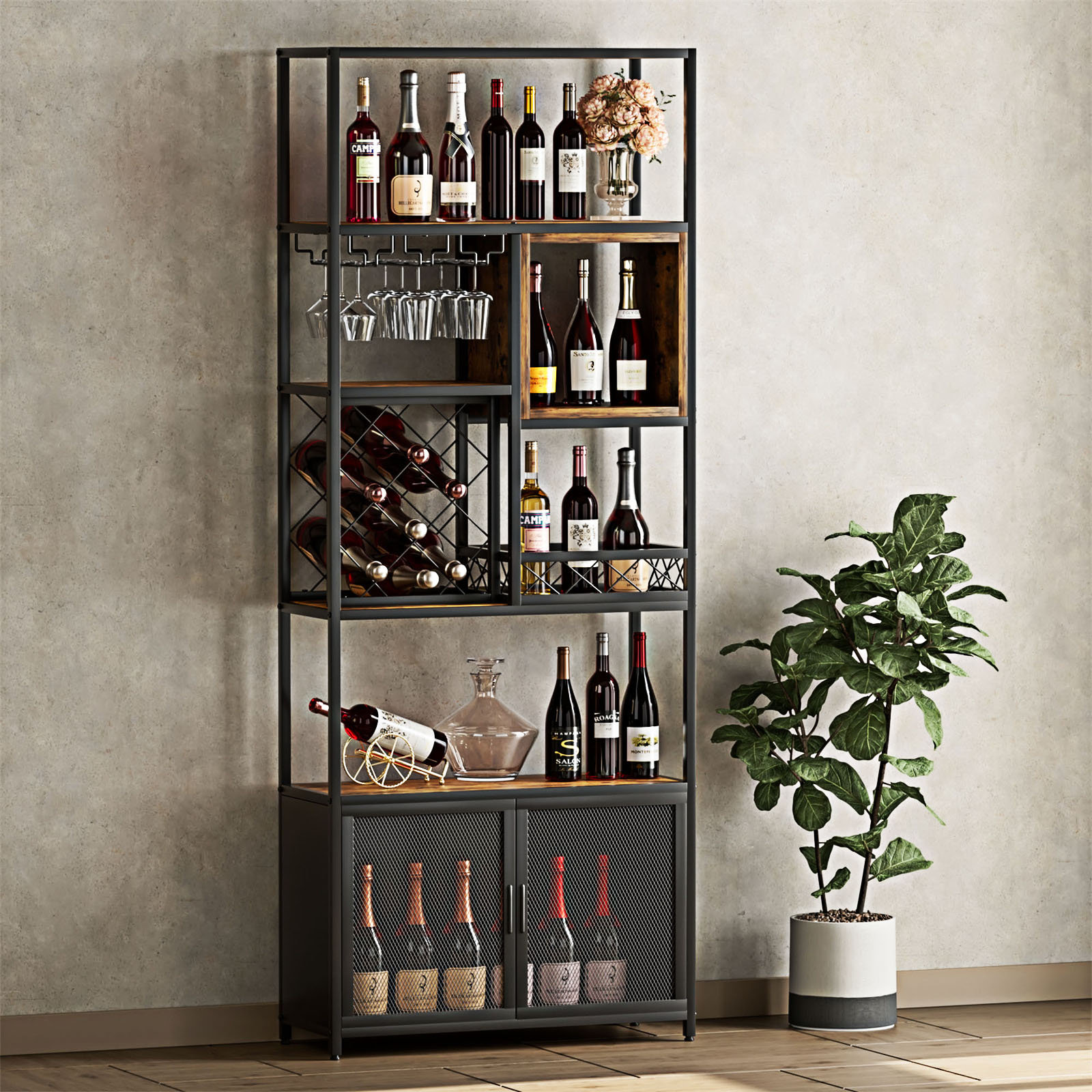 House of Hampton® Industrial Tall Bar Wine Rack Cabinet with Glass ...