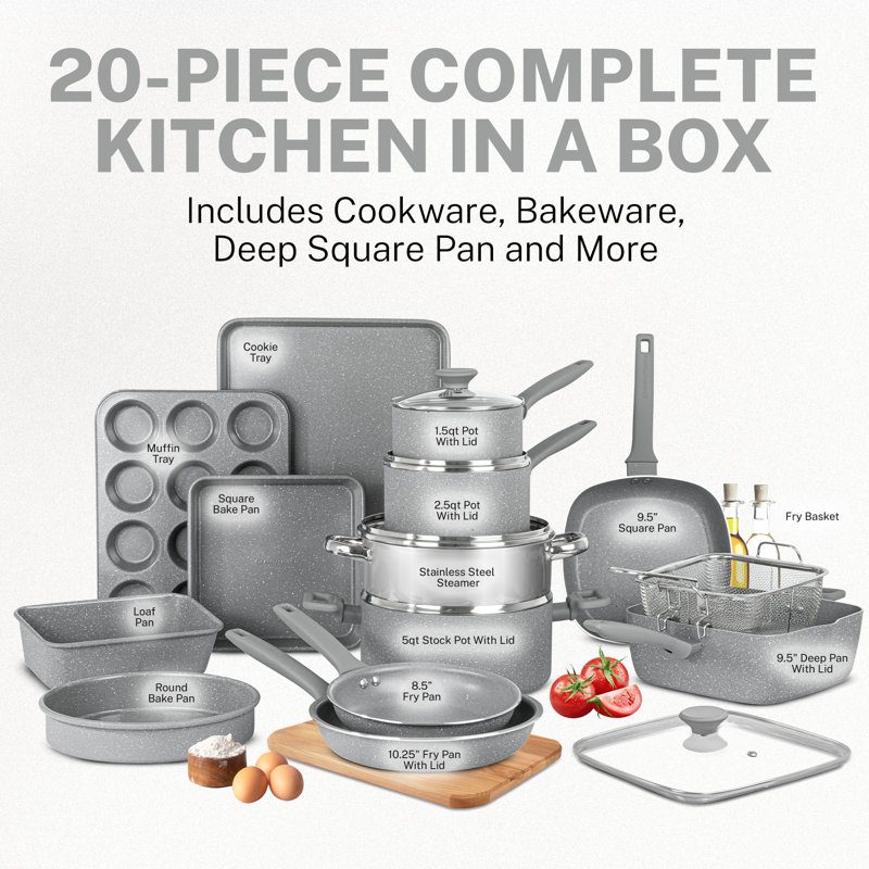Granitestone Diamond Desert Grey 20 Pc Nonstick Cookware and Bakeware ...