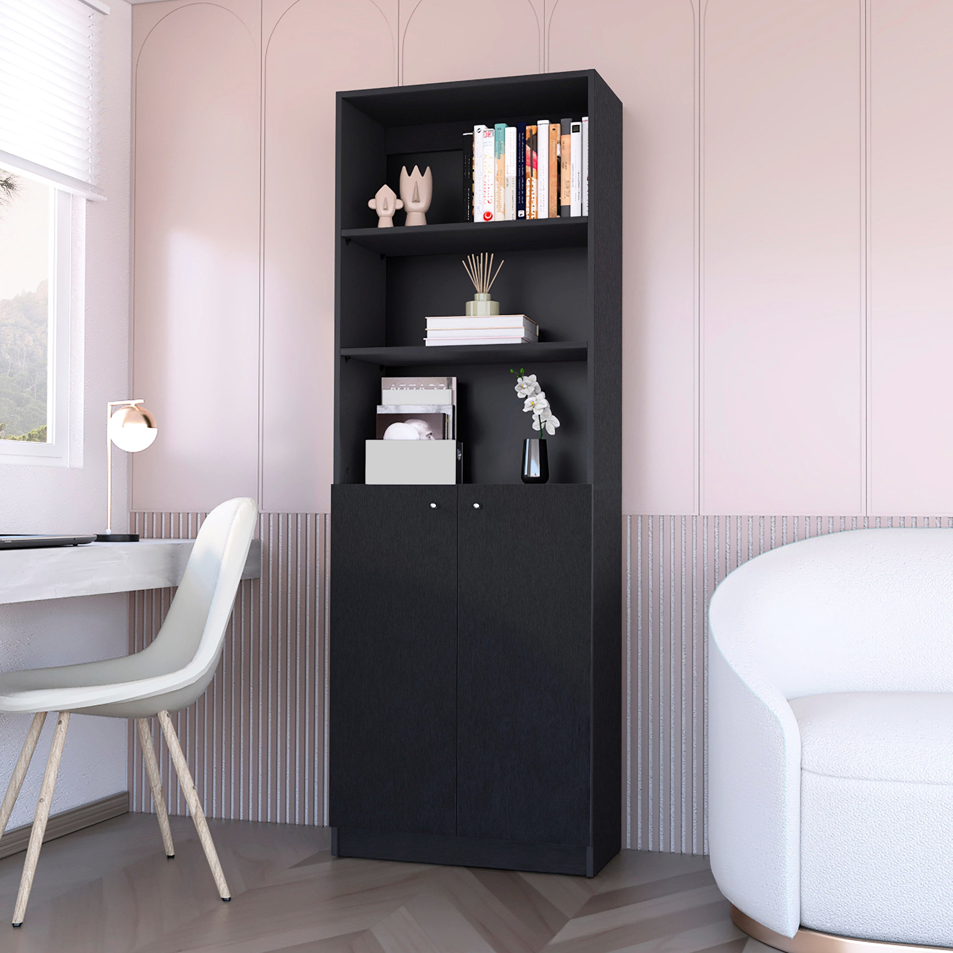 Ebern Designs 2-door Bookcase In Black For Living Area With Double-door ...