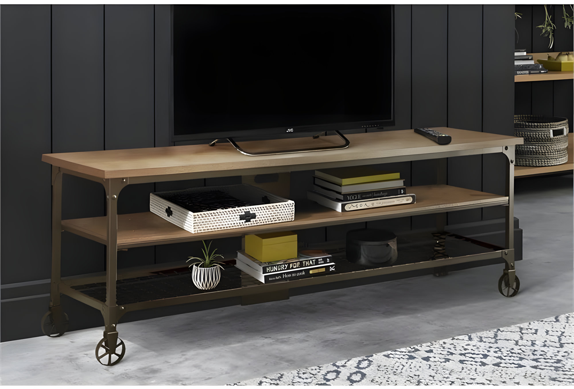 17 Stories Cottage Style Tv Stand With Black Metal Frame And Two ...