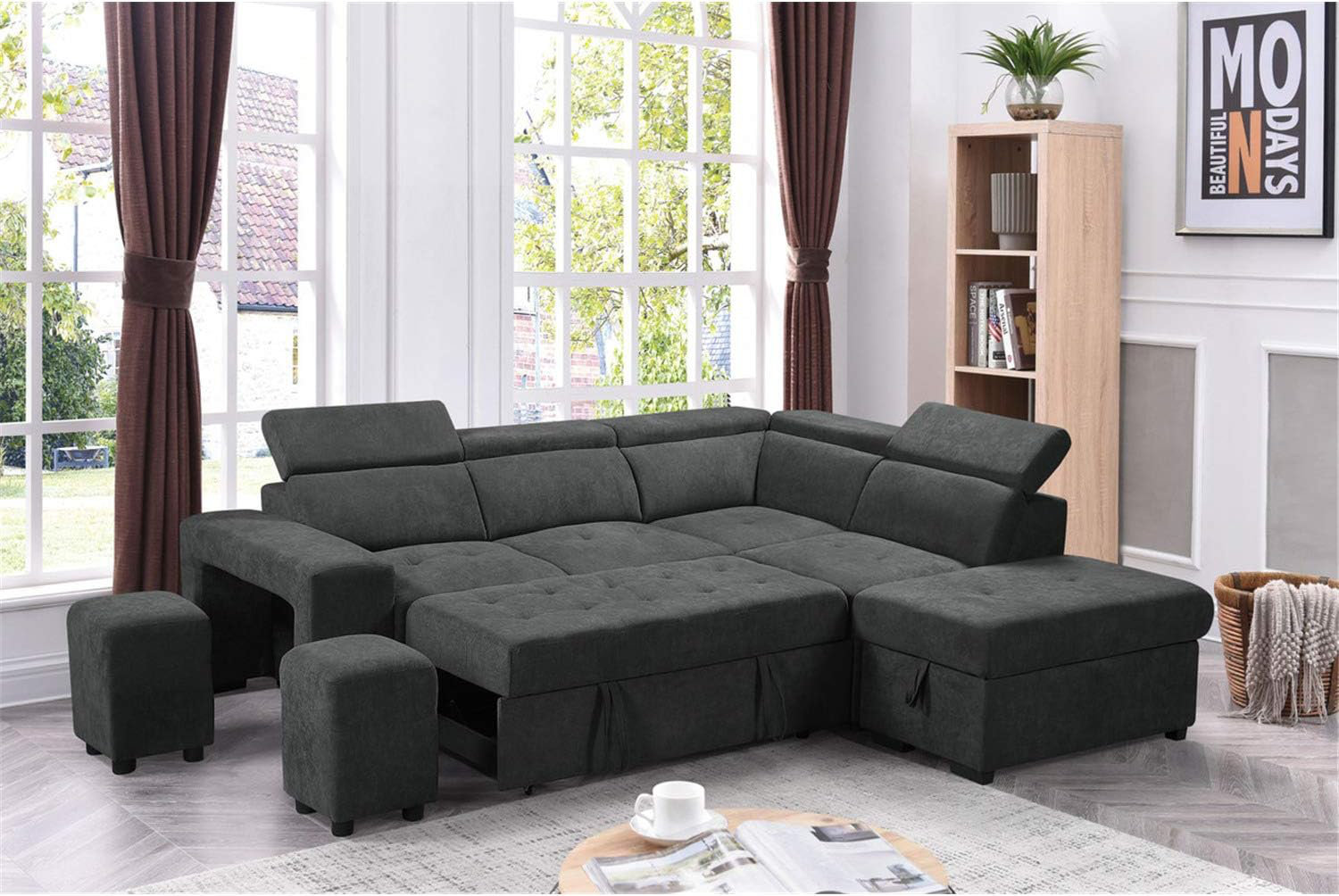 Latitude Run® Dark Grey Sleeper Sectional Sofa with Storage Ottoman and ...