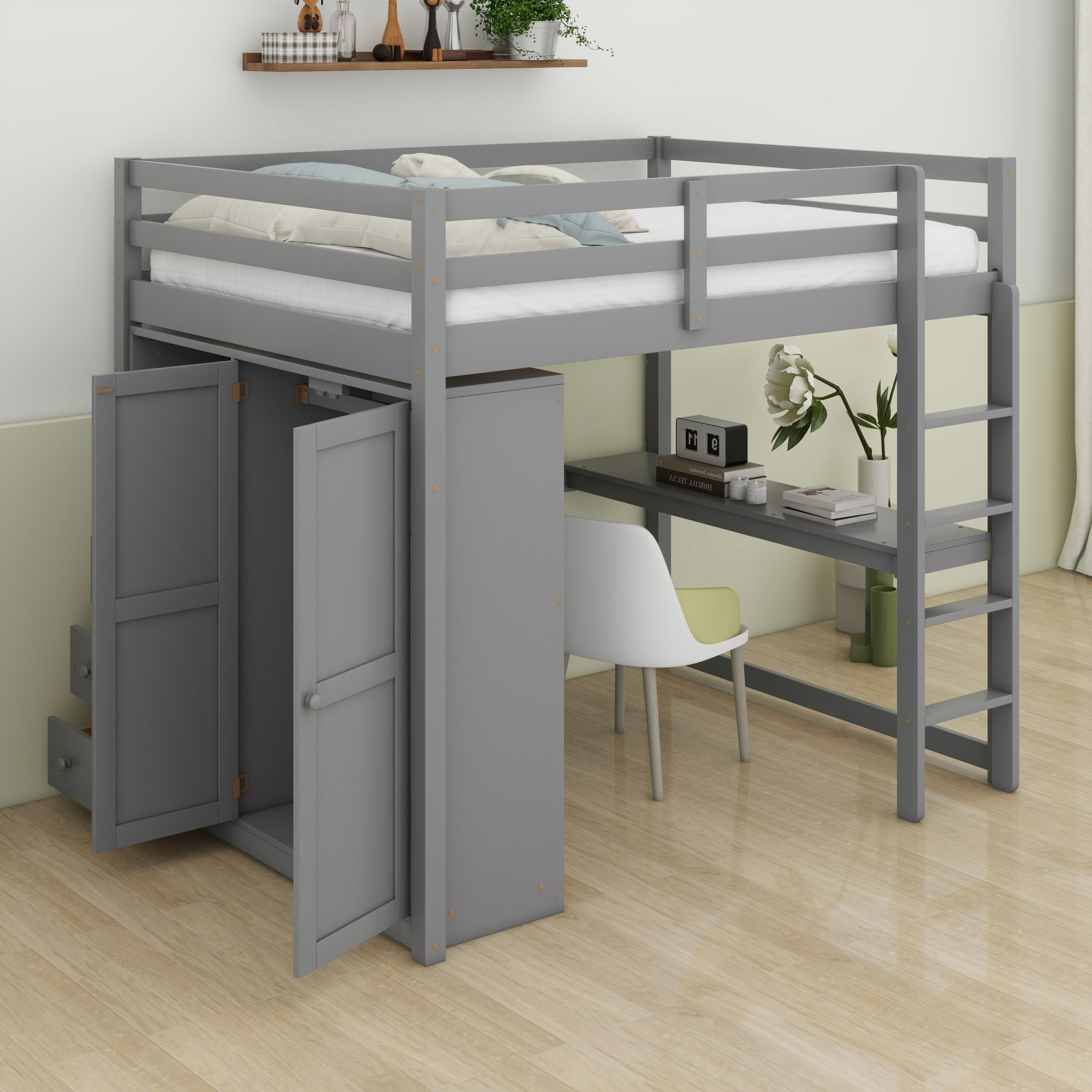 Latitude Run® Wood Loft Bed With Built-In Wardrobe, Desk, Storage ...