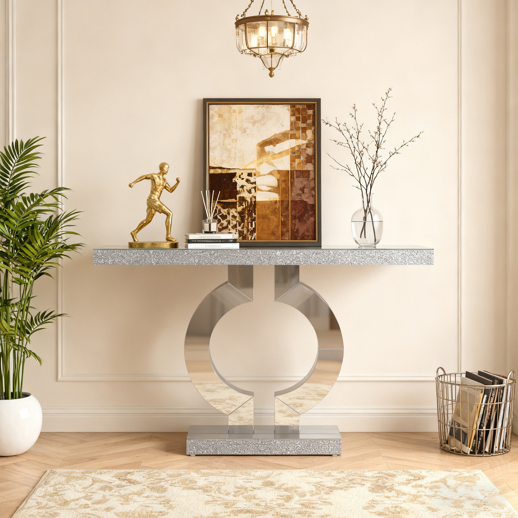 Everly Quinn 43" Modern Mirrored Console Table with O-Shaped Base Silver Glass Entryway Table ...