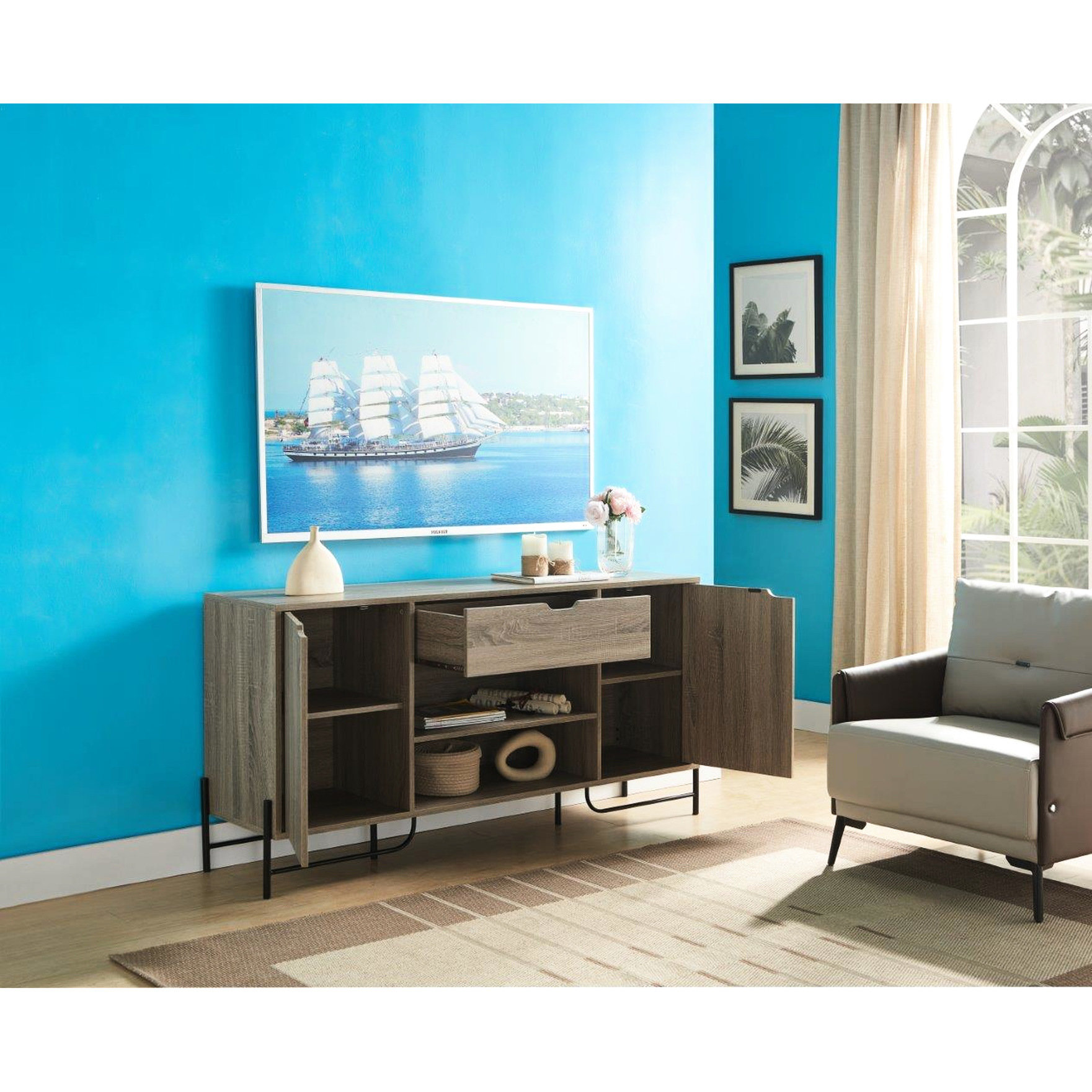 Ebern Designs Two Door One Drawer Buffet, Metal Legs And Six Shelves ...