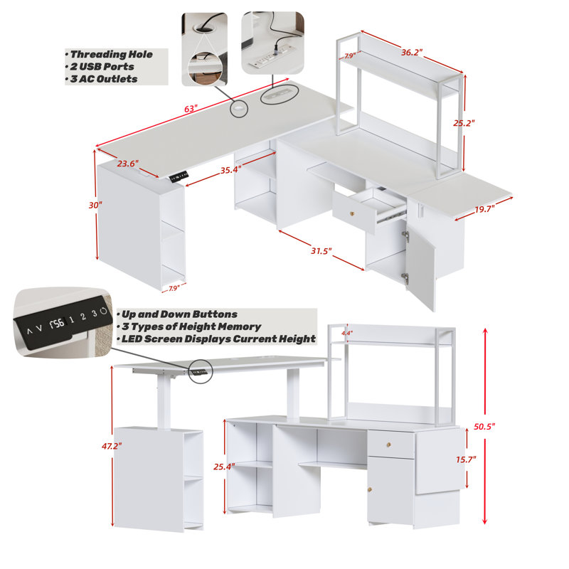 Latitude Run® 63" L-shaped Electric Standing Desk, Adjustable Stand Up ...