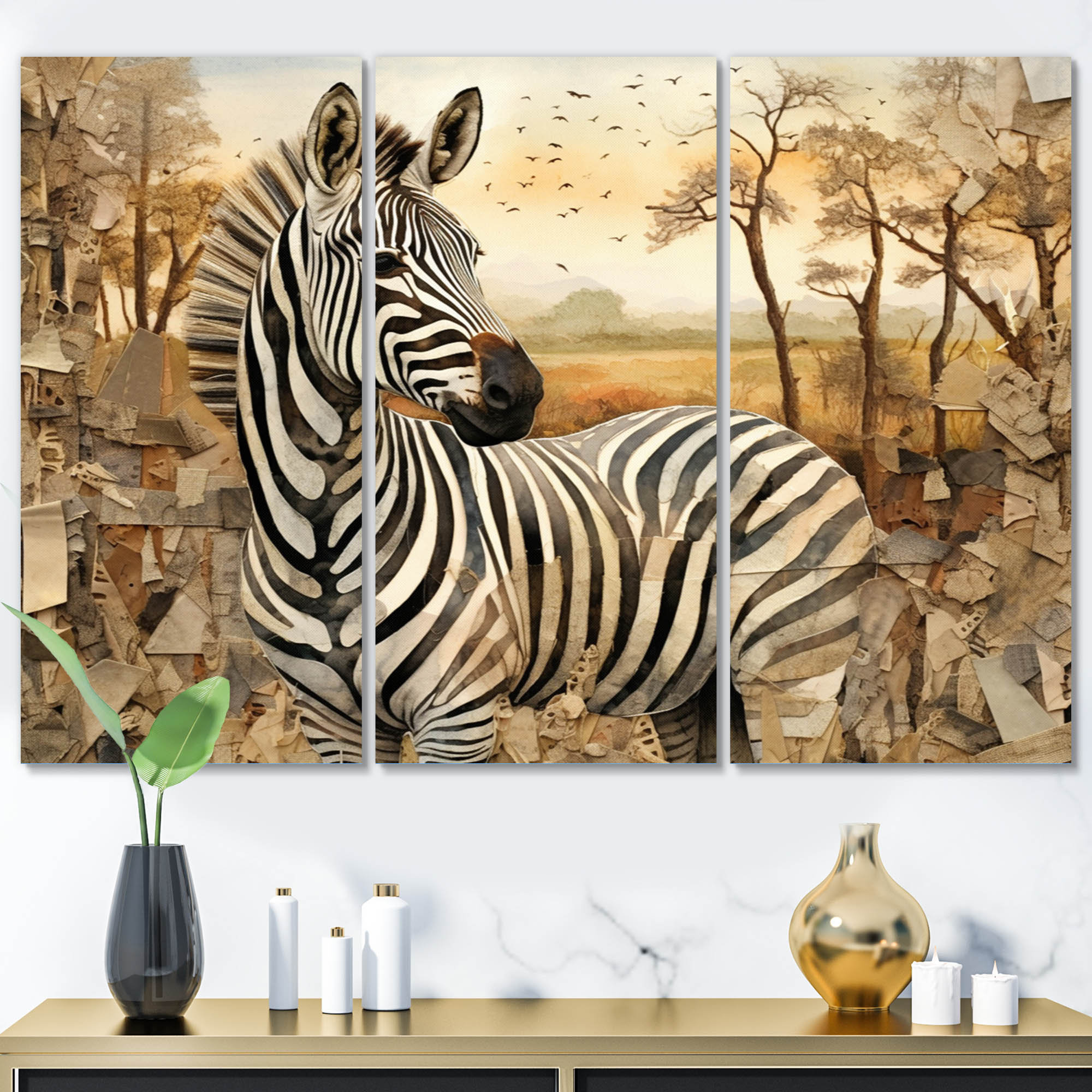 Dakota Fields Vintage Zebra Collage II On Canvas 3 Pieces Print | Wayfair