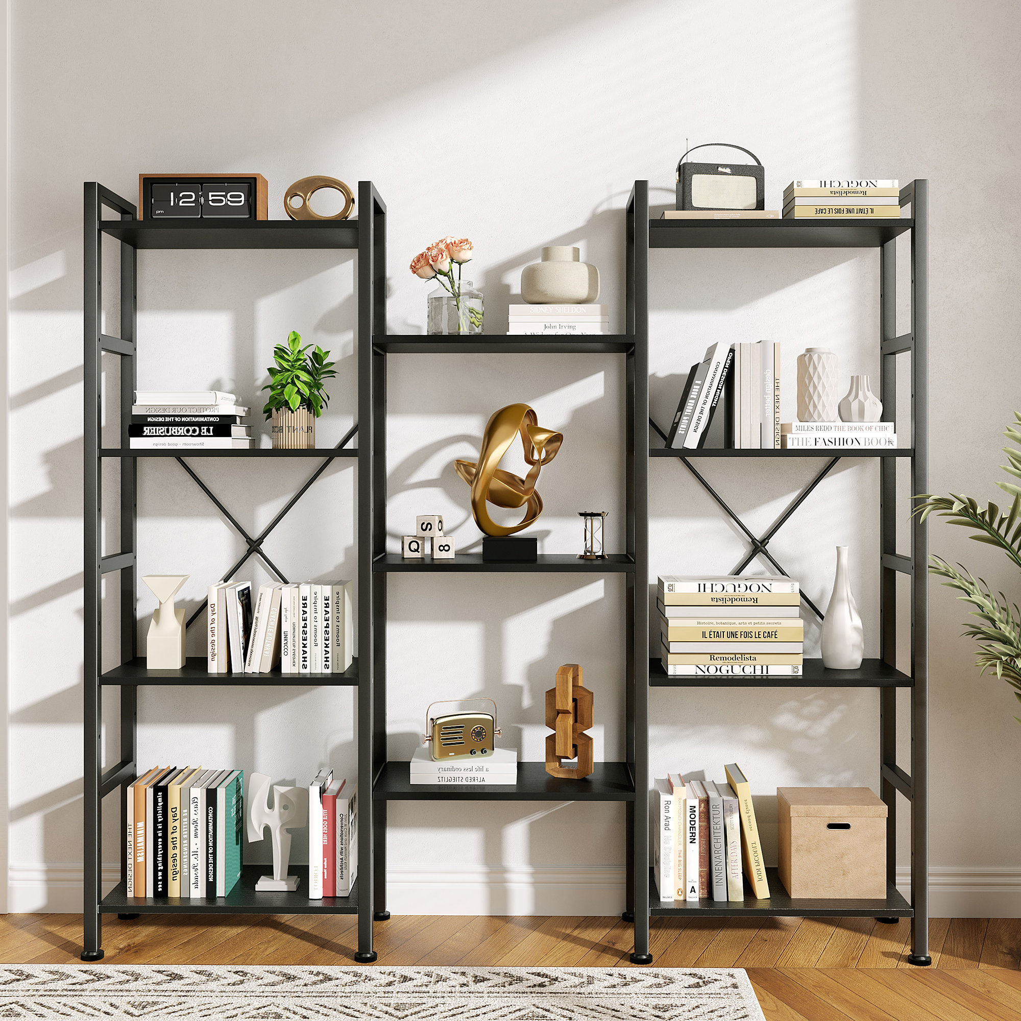 Trent Austin Design® 4-Tier Triple Wide Bookshelf with Metal Frame ...