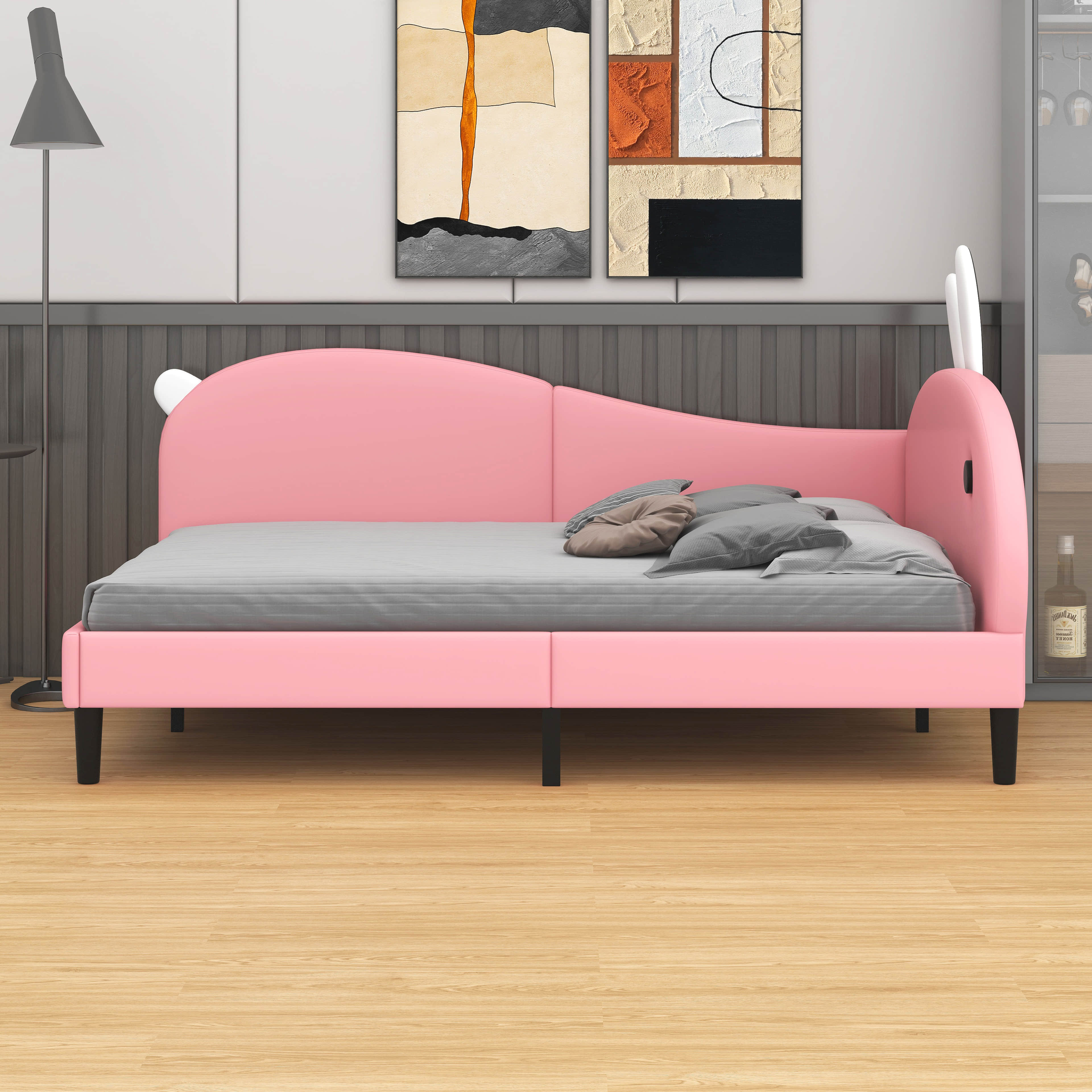Mercer41 Full Size Upholstered Kids Bed Frame – Rabbit Ear Headboard ...