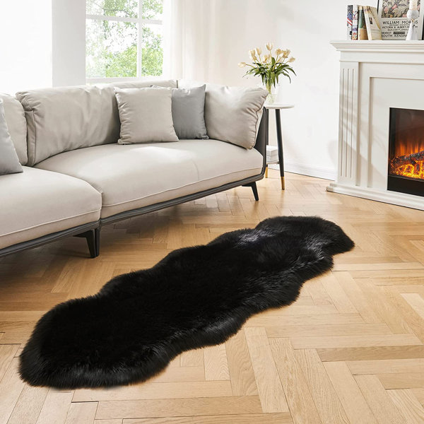 Everly Quinn Dreu Black Shag Faux Sheepskin Fur Fluffy Area Rug ...