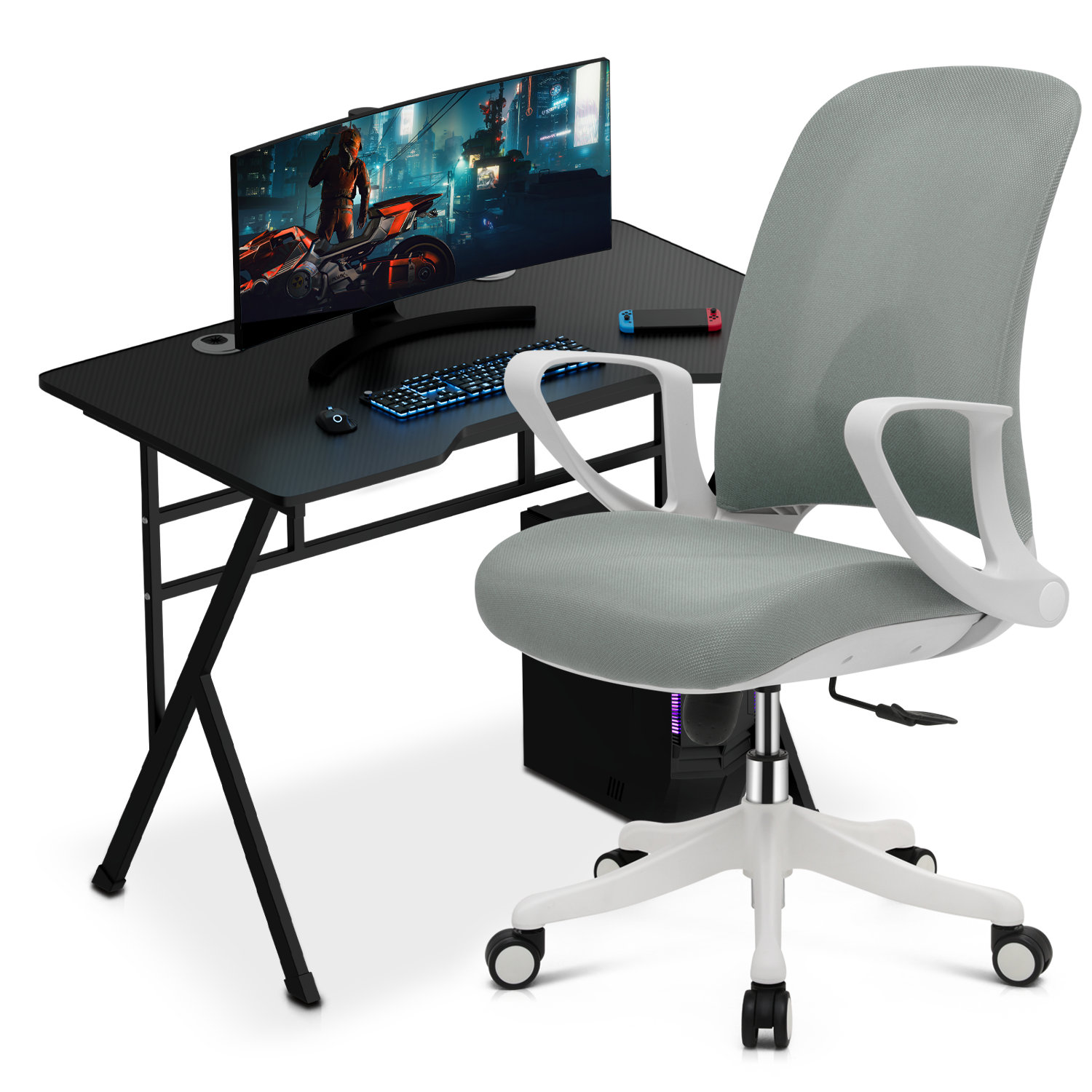 Inbox Zero Modern Computer Desk Host Rack And Rolling Reception Chairs ...