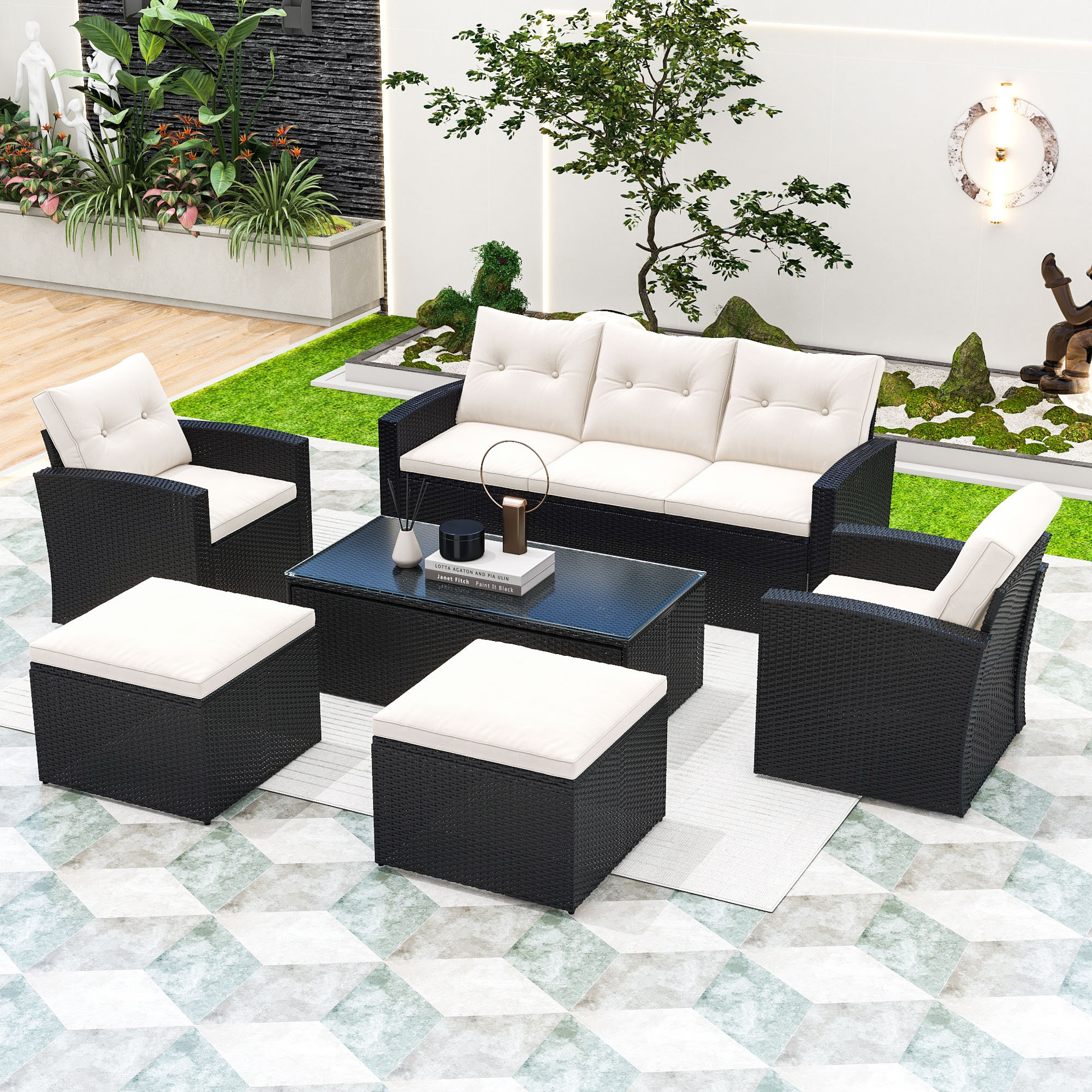 Latitude Run® Ensemble de conversation d'extérieur en osier pour 7 personnes avec coussins ...