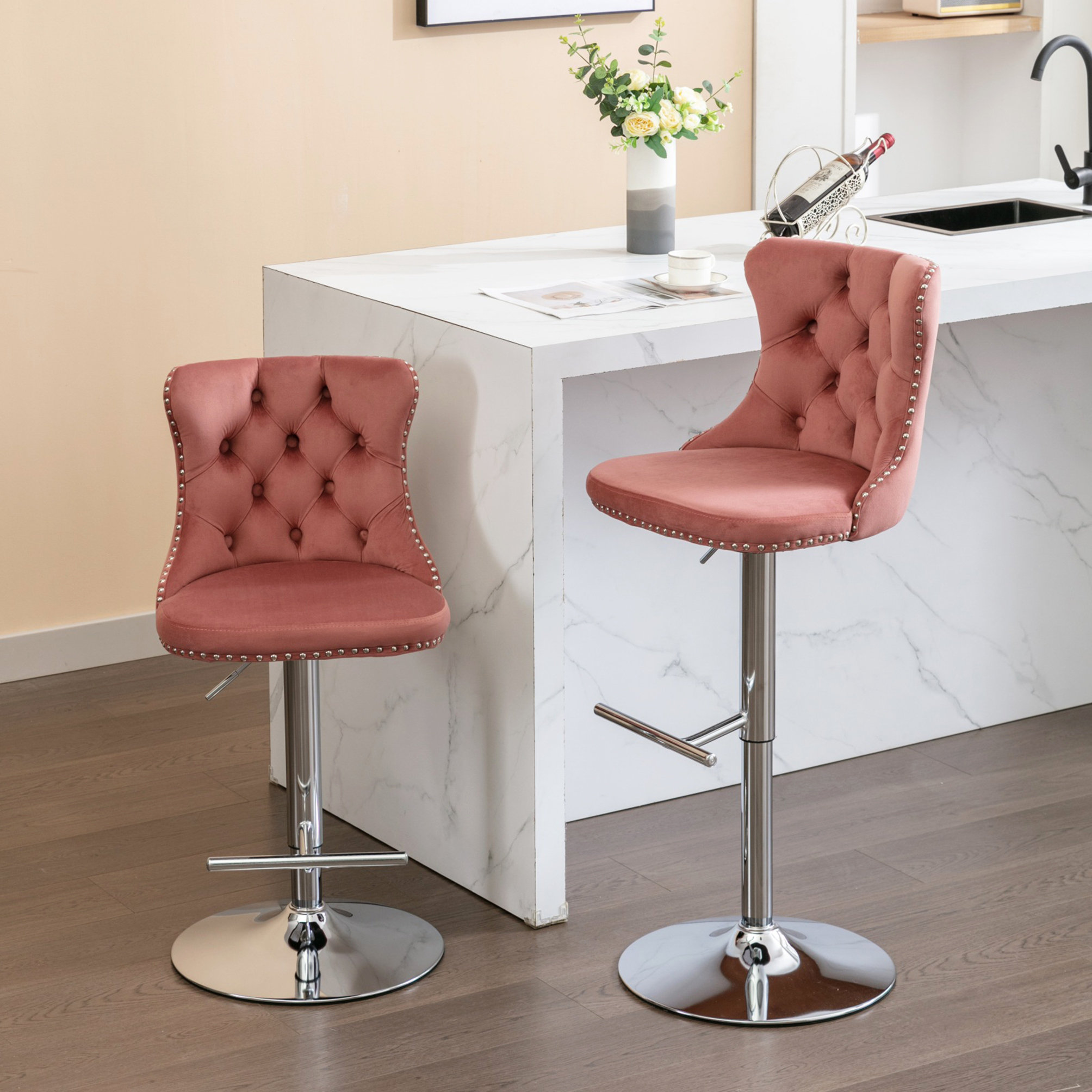 Latitude Run® Swivel Velvet Barstools Adjusatble Seat Height, Chrome ...