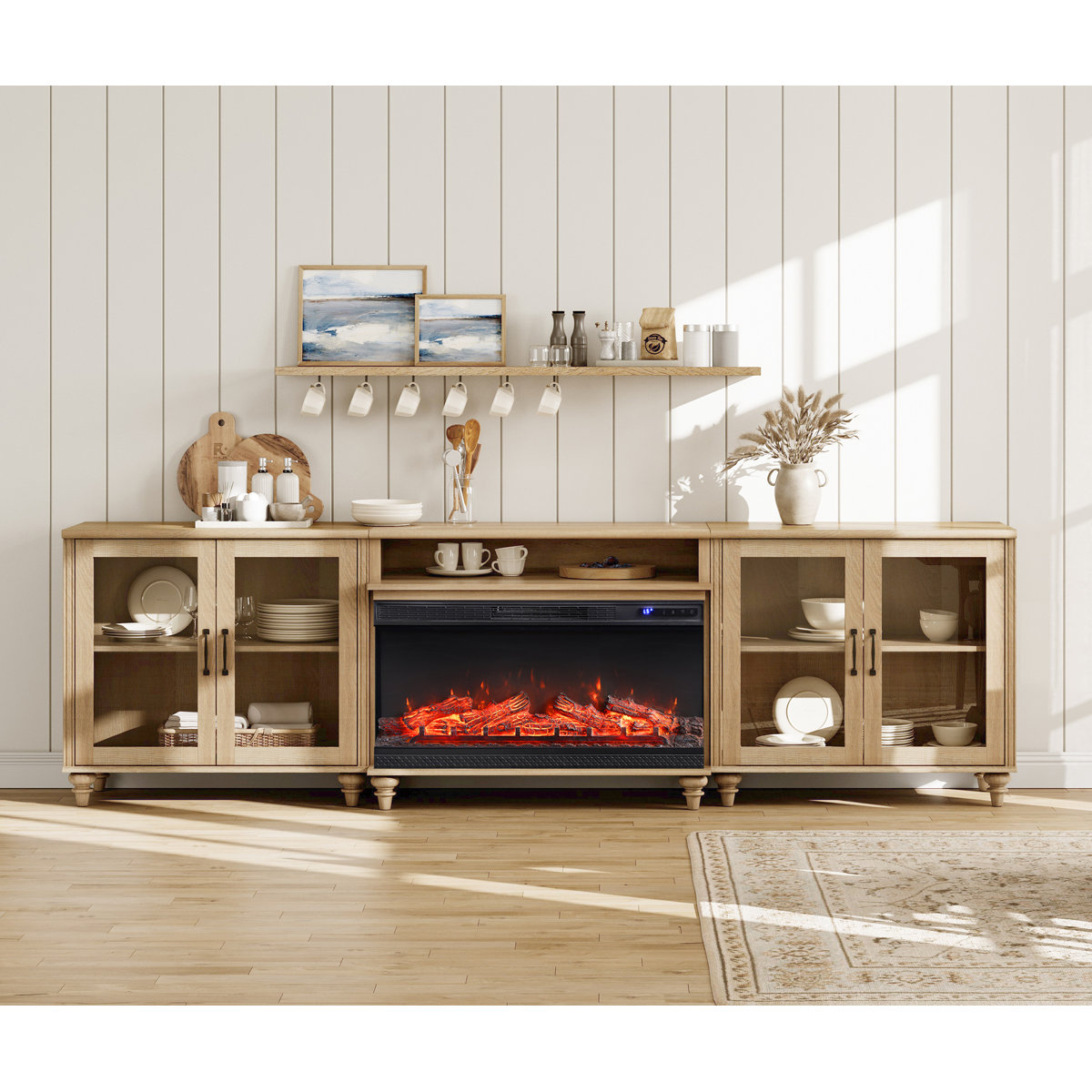 Alcott Hill® Sideboard Cabinet With 4 Glass Doors, Vintage Wood Grain ...