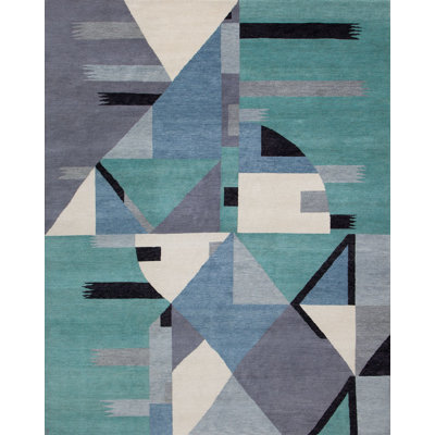 New Moon Rugs Nouvel Wool Geometric Area Rug in Sky Blue/Teal/Gray ...