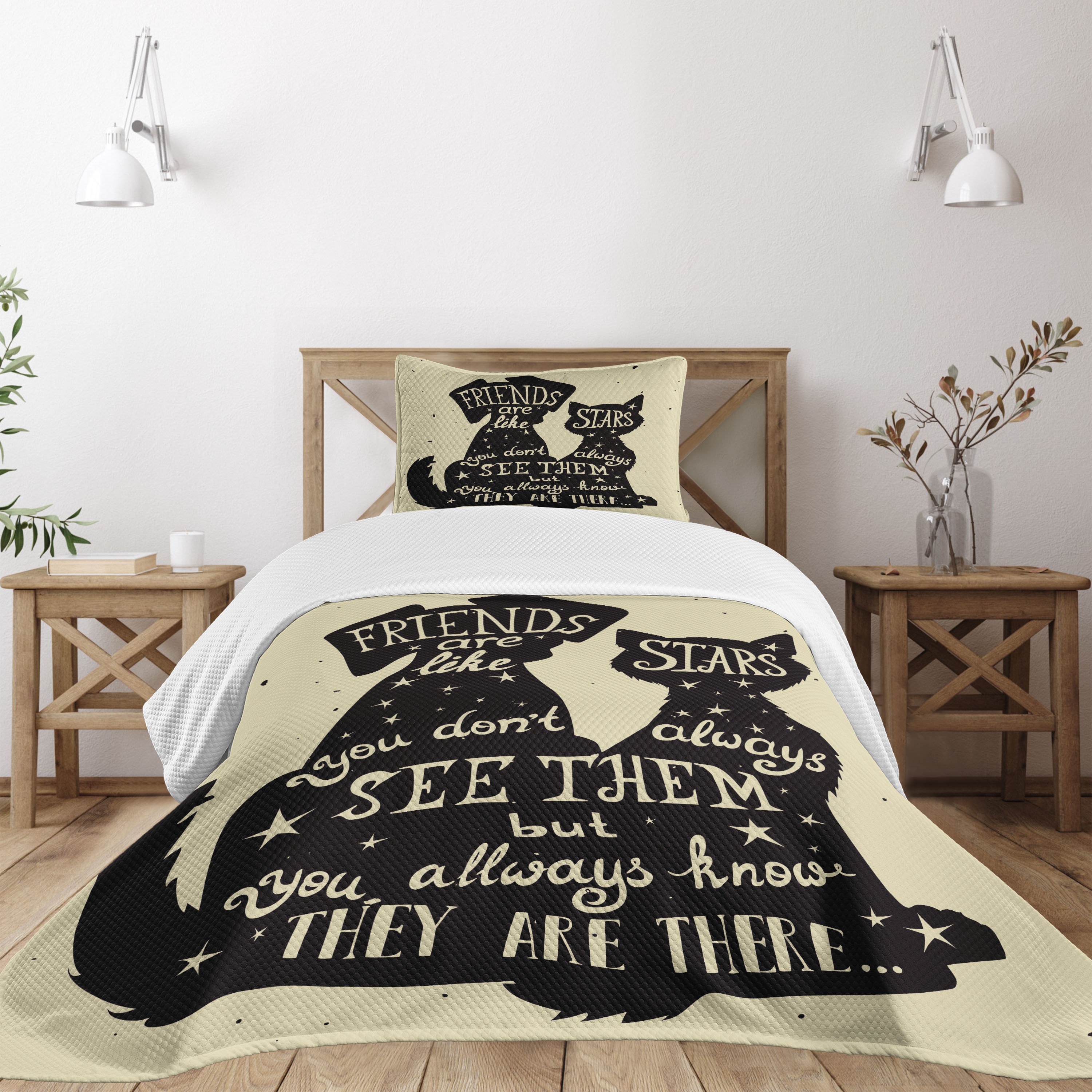 Ambesonne Inspirational Bedspread Set Cat Dog Friends Black Tan | Wayfair