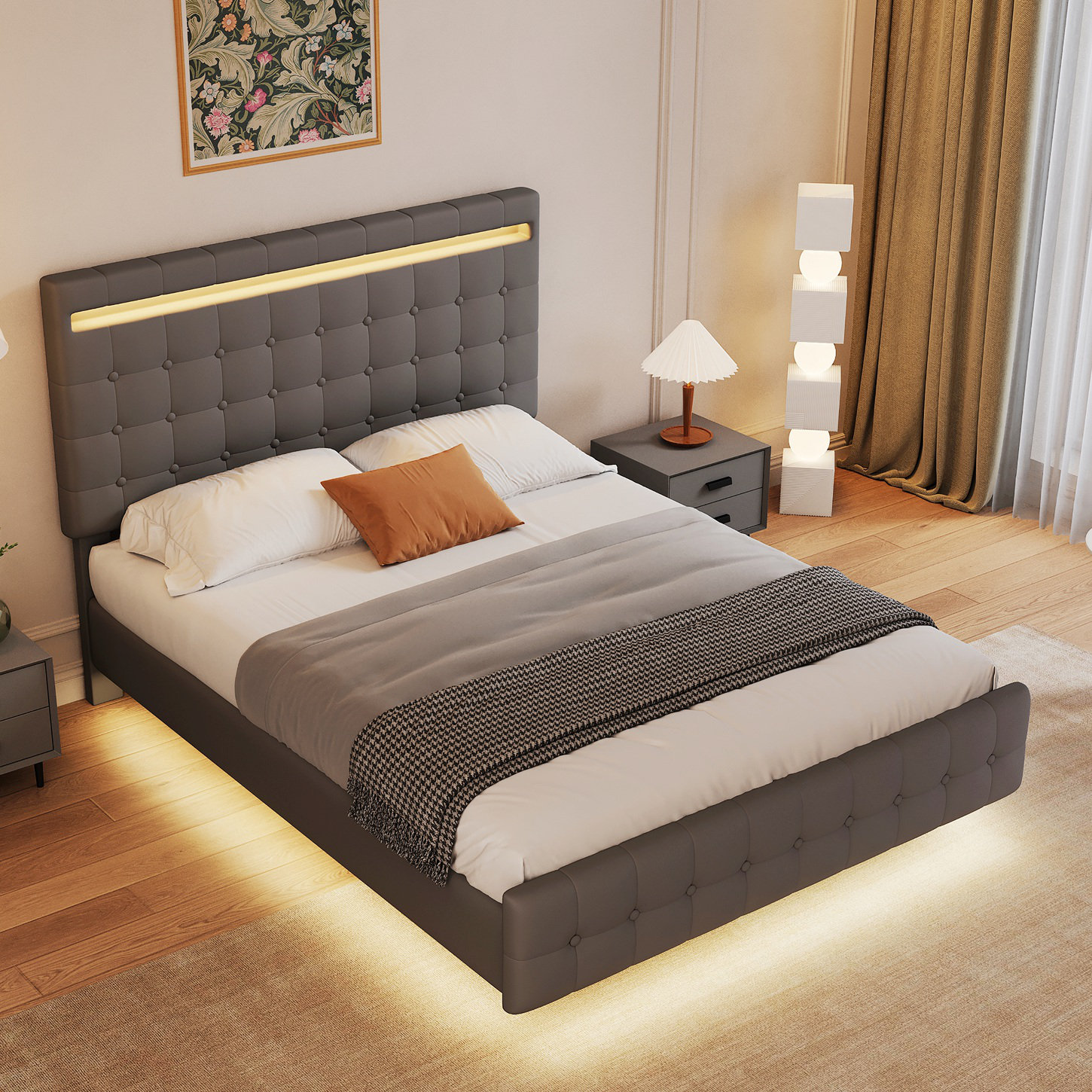 Wrought Studio Queen Size Floating Bed Frame With Led Lights ...