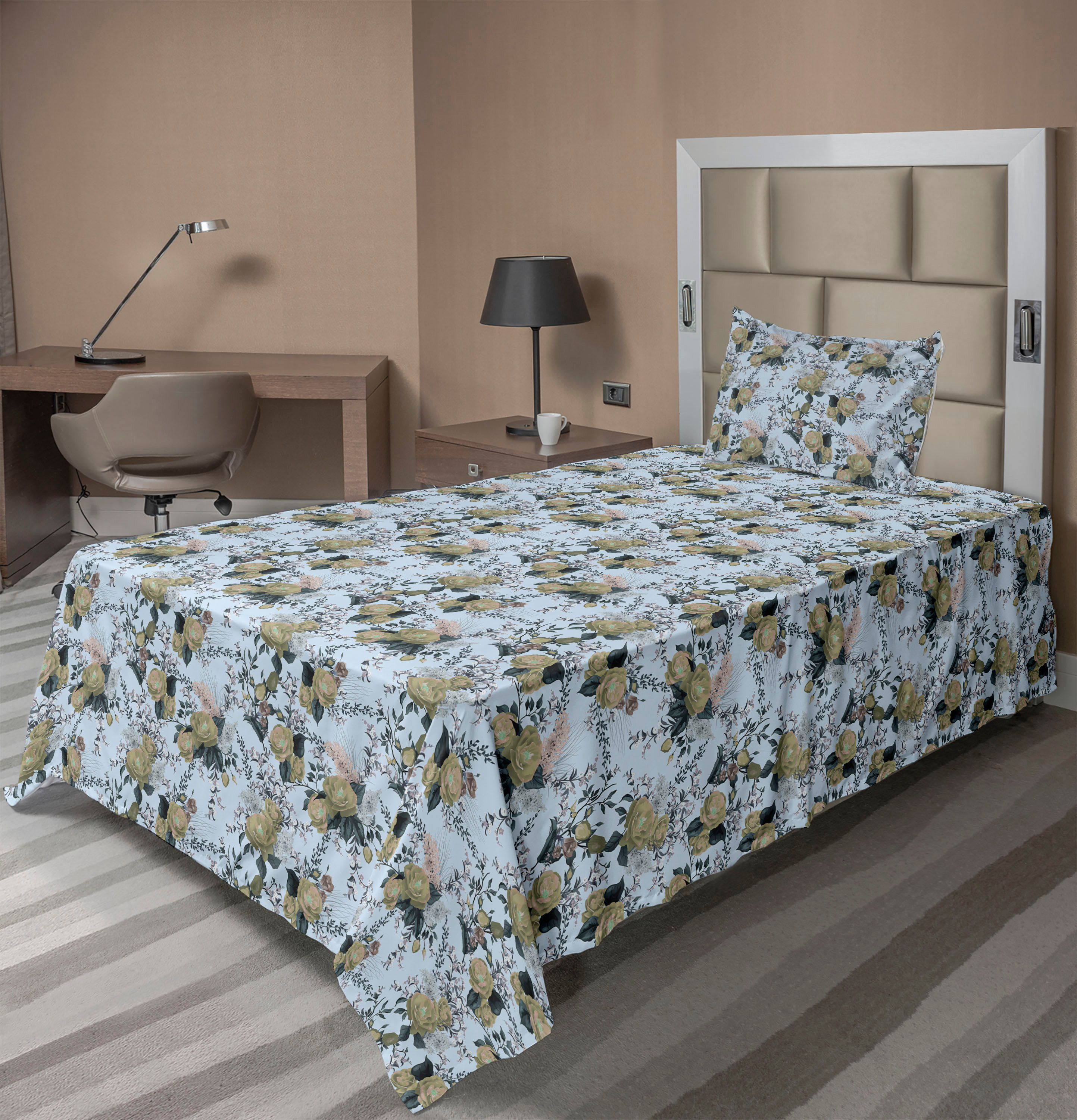 Ambesonne Floral Sheet Set Blossoming Roses Romantic Pale Azure Blue ...
