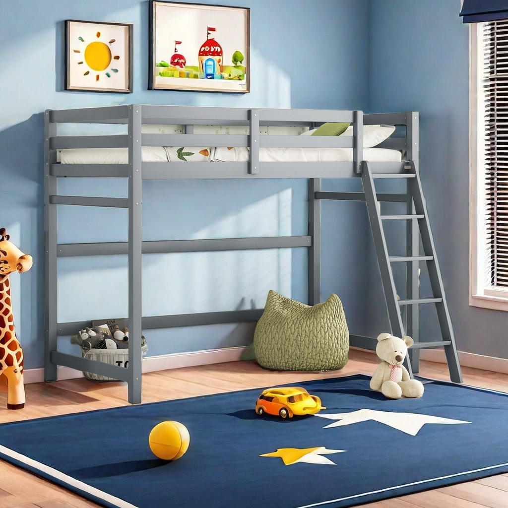 Harriet Bee Twin Size High Loft Bed With Inclined Ladder, Guardrails ...