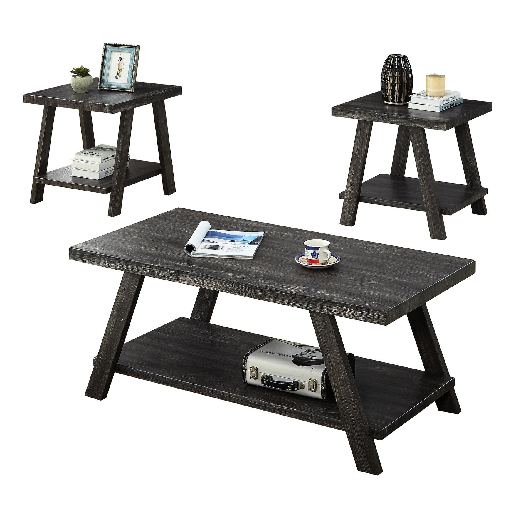 Gracie Oaks White Finish Coffee Table With Shelf And Elegant End Tables ...