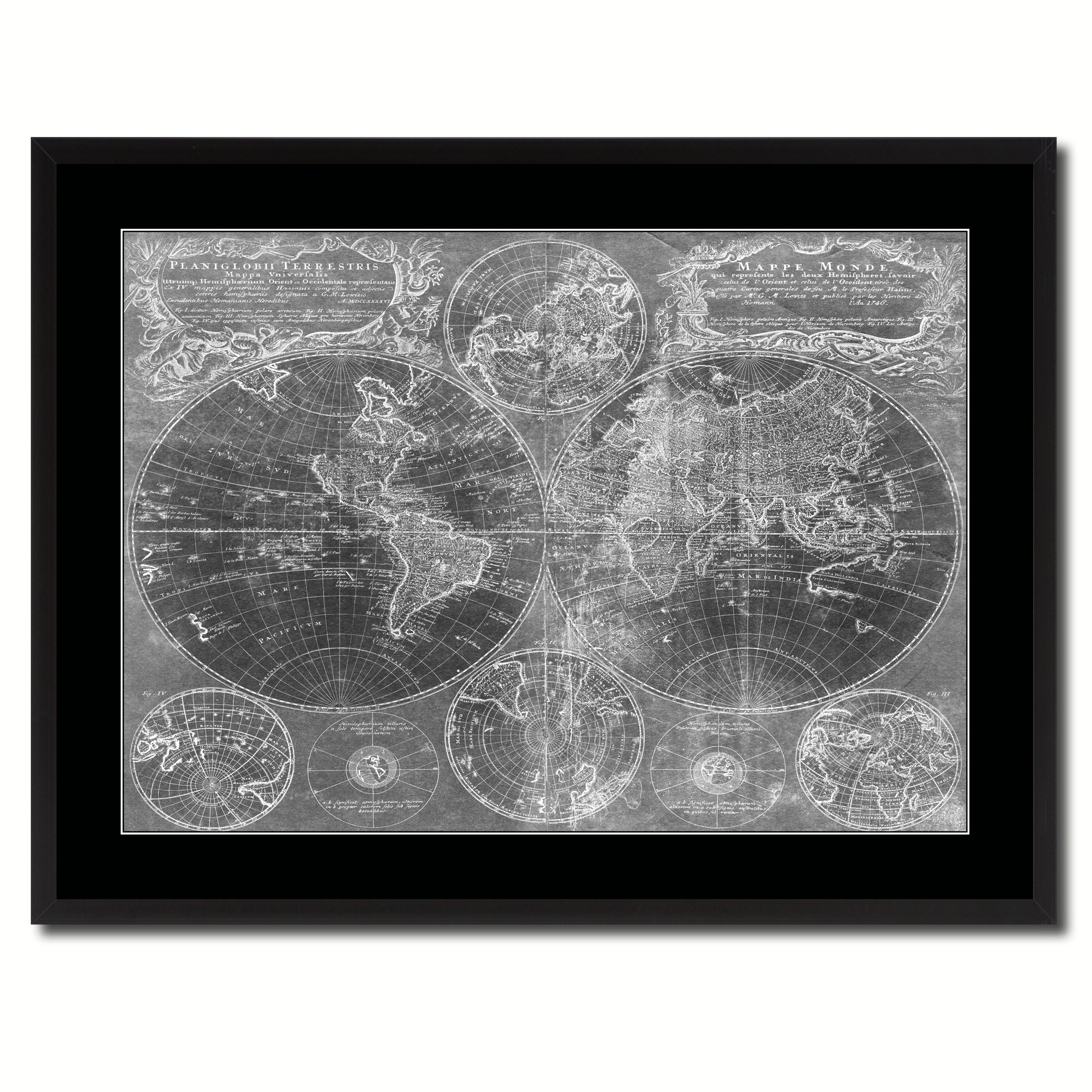 17 Stories World Vintage Monochrome Map Print On Canvas With Black ...