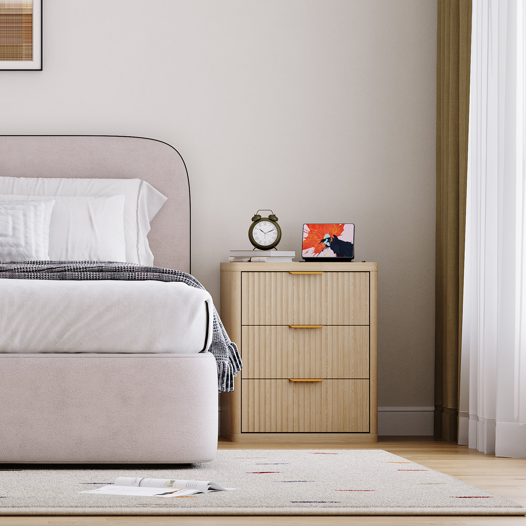Ebern Designs Fluted Nightstand with Charging Station, Modern Bedside ...