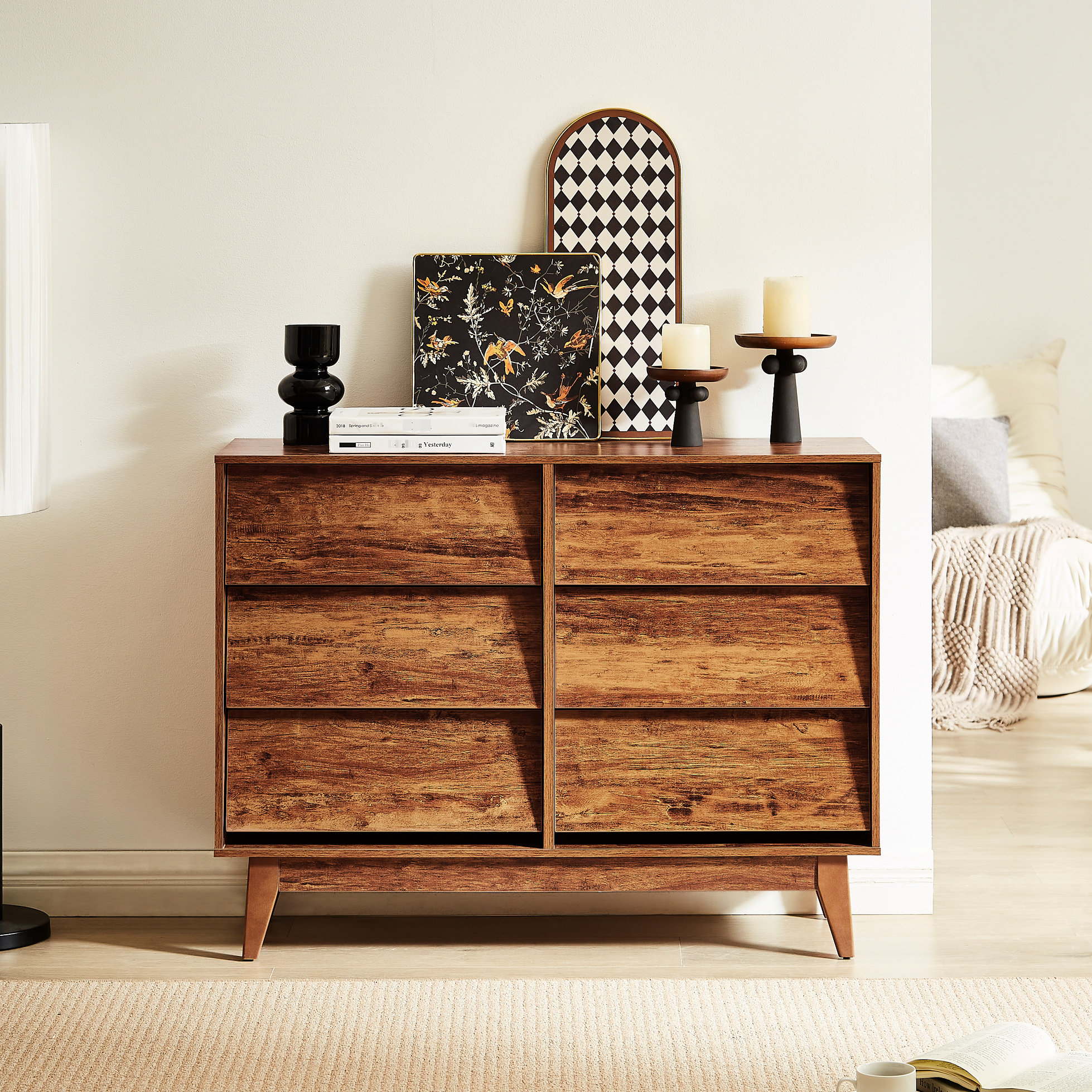 Millwood Pines 6 Drawer Bedroom Dresser - Vintage-style Bevel Organize ...