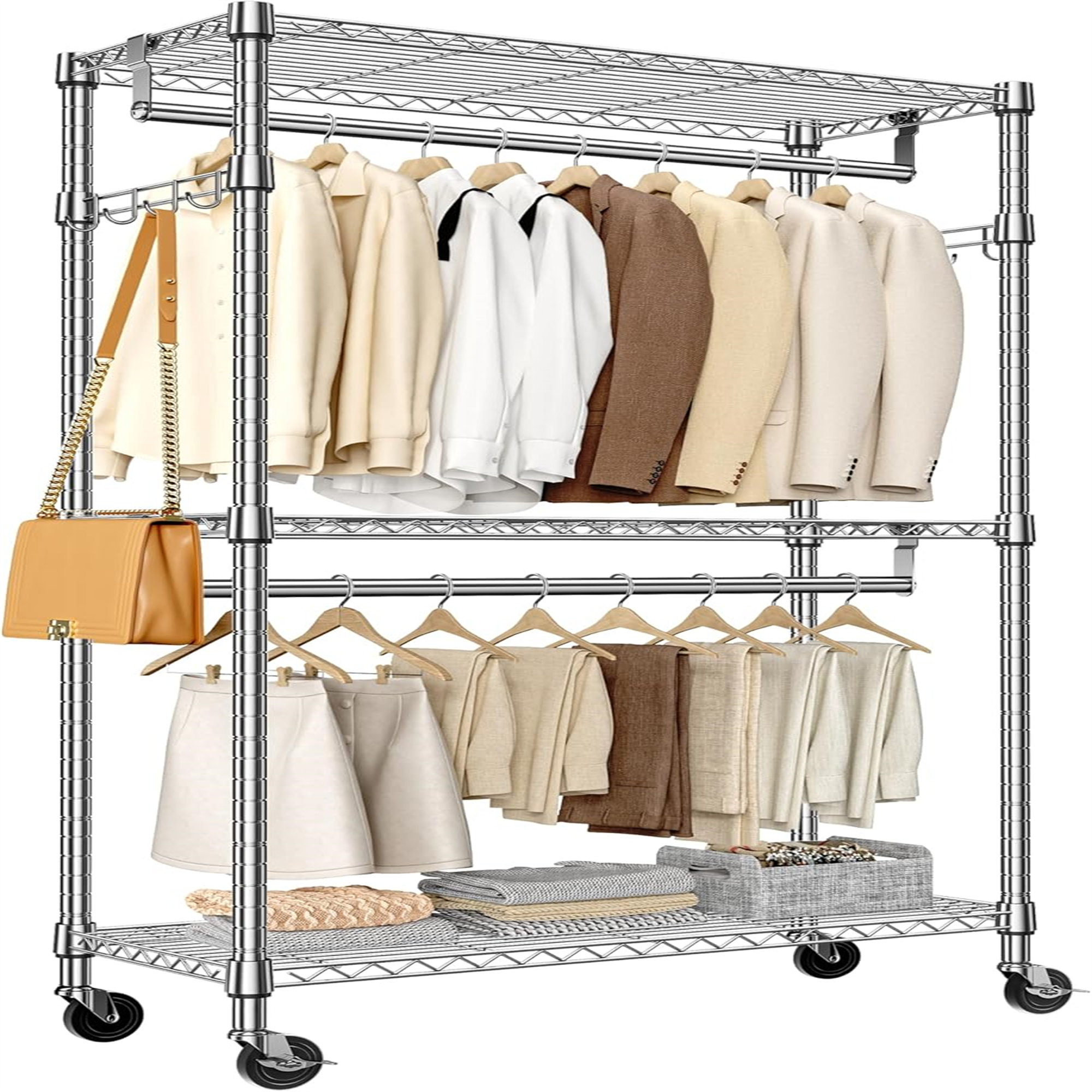 EXEBIL Heavy Duty Rolling Hanger with Wheels, 3 Tier Adjustable Wire ...