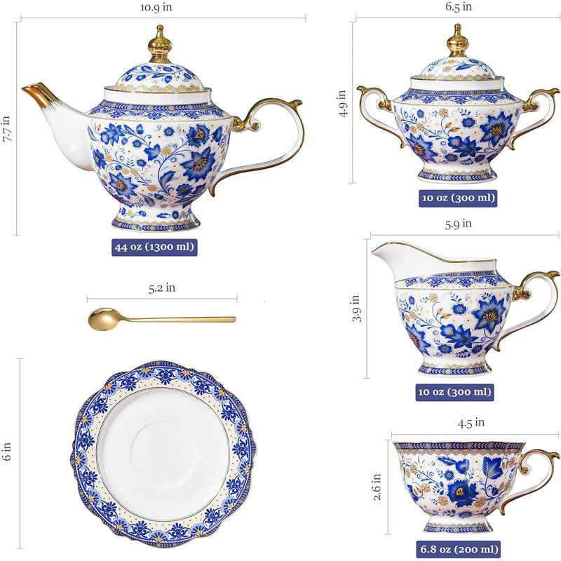 DESGENT Blue and White Vintage Floral Tea Sets 21 pieces Bone China Tea ...