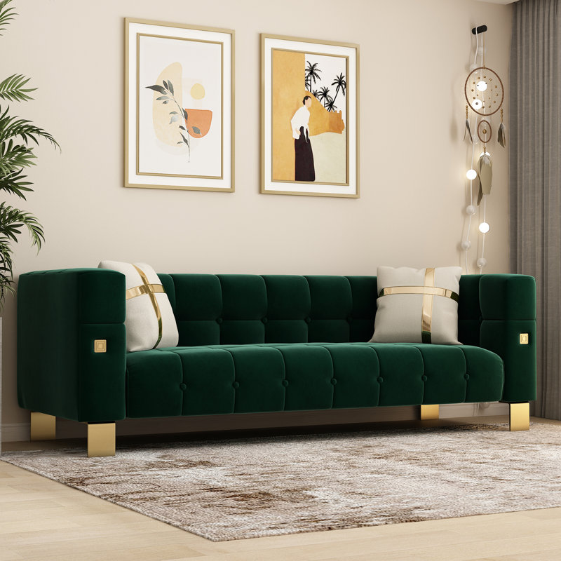 Everly Quinn Sumeeta 88.98'' Velvet Tufted Upholstered Sofa with Square ...