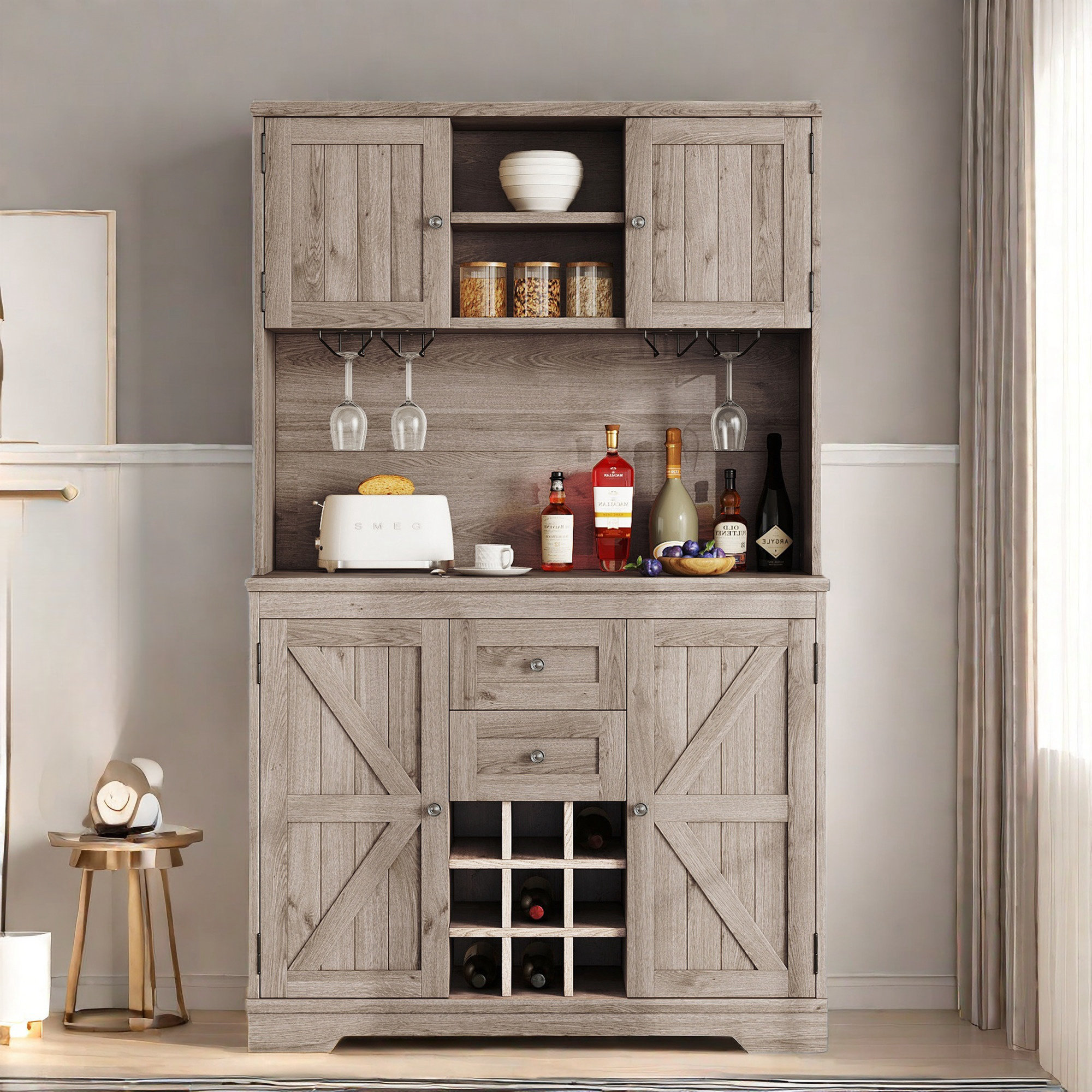 Gracie Oaks Batory Farmhouse Kitchen Pantry with Wine & Glass Racks ...