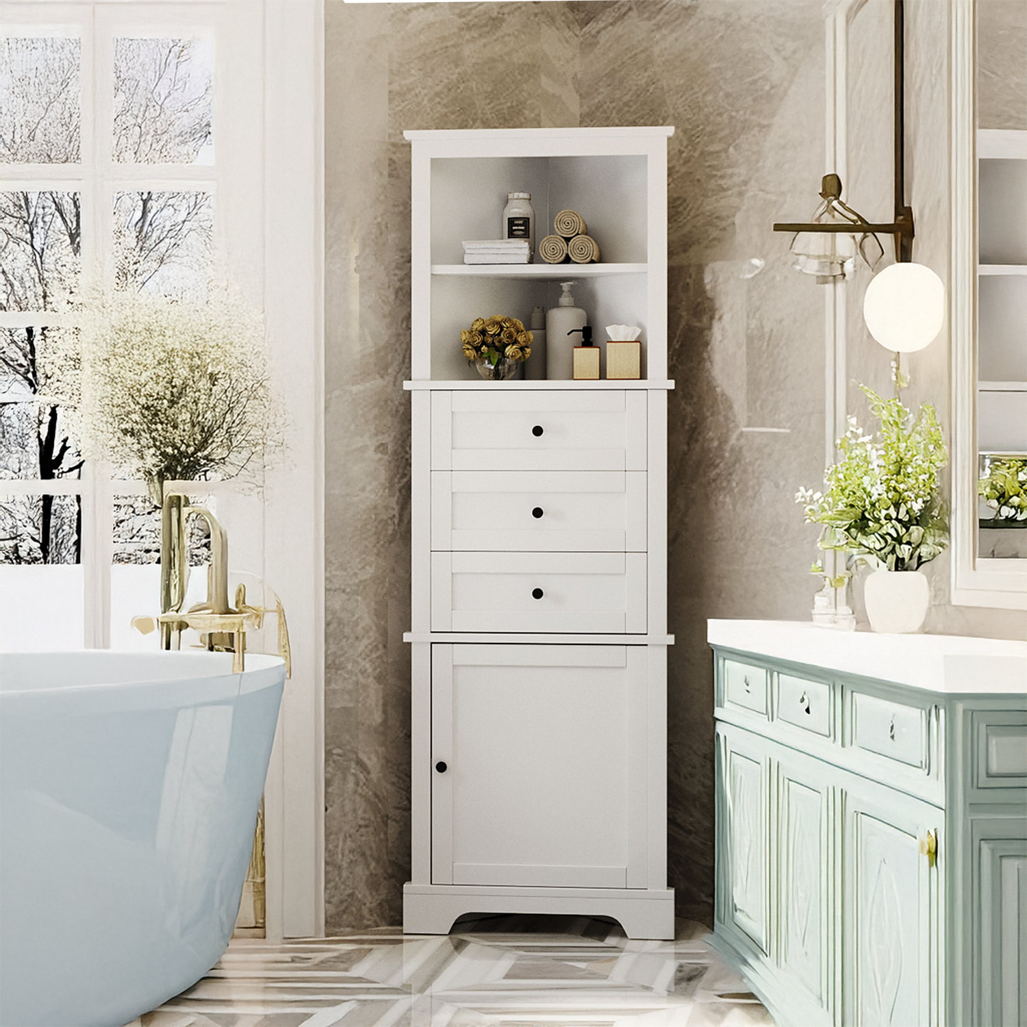 August Grove Triangle Tall Cabinet With 3 Drawers And Adjustable ...