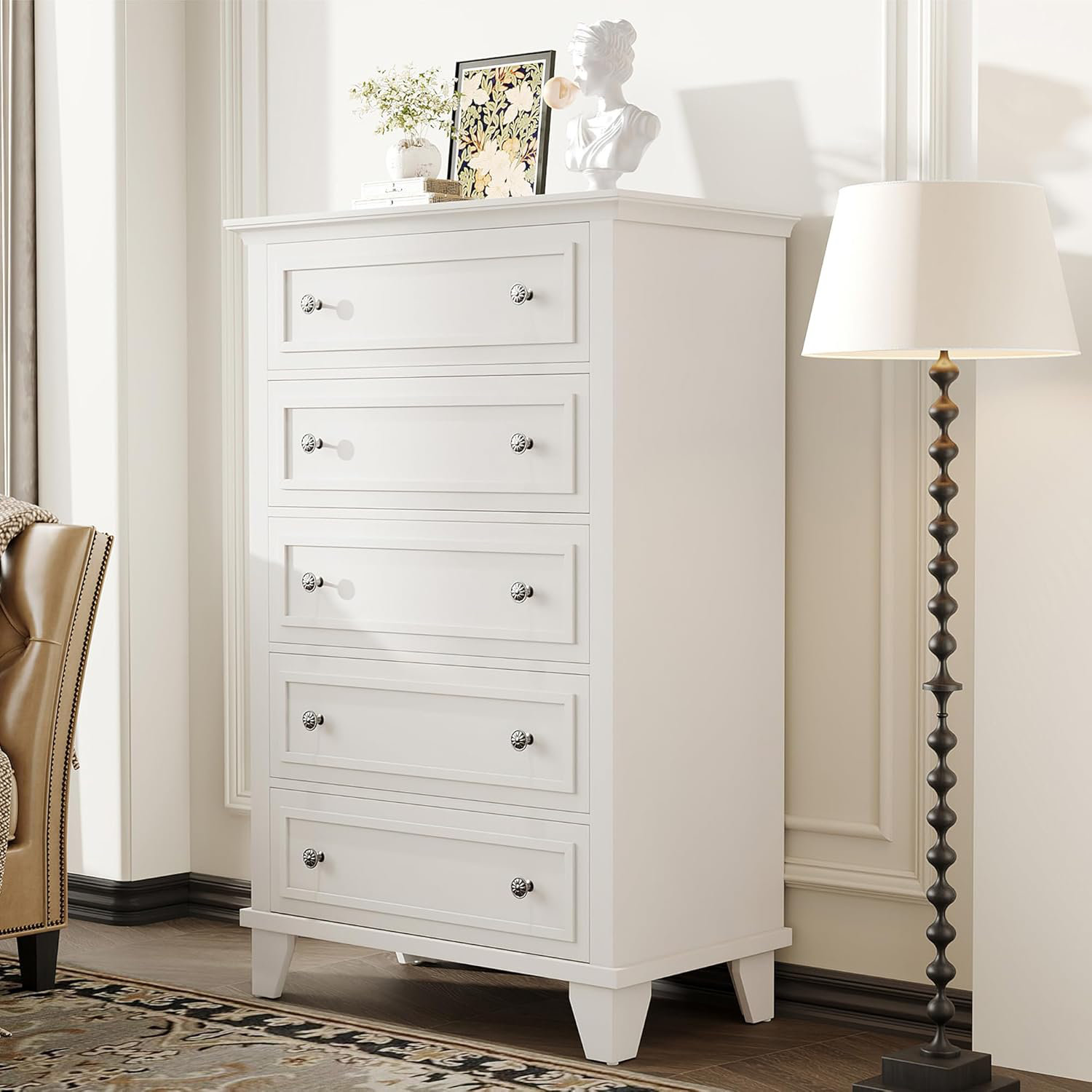 Winston Porter White 5 Drawer Dresser For Bedroom, Wood Dresser ...