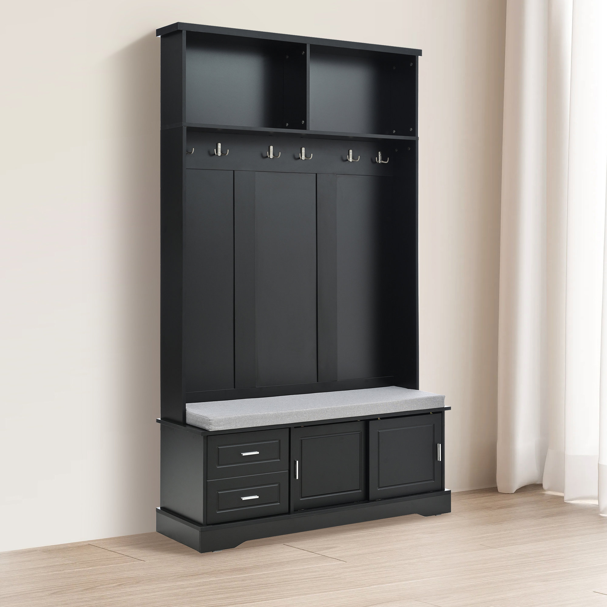 Red Barrel Studio Hall Tree with Sliding Doors Versatile Coat Rack ...