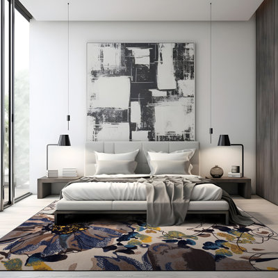 Ebern Designs Dichiera Floral Brown/Navy/Cream Non-Slip Rubberback Area ...