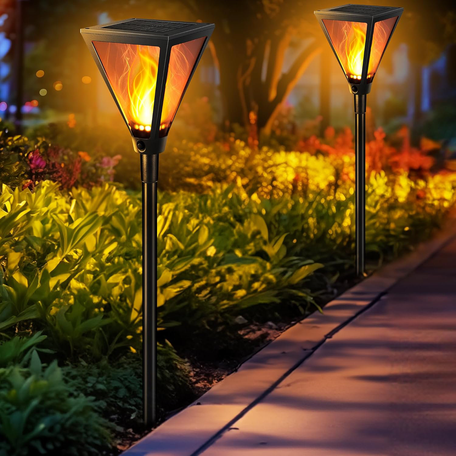 MABOSY 2 Pack 28" Solar Flame Torch Lights Flickering Flame Garden ...