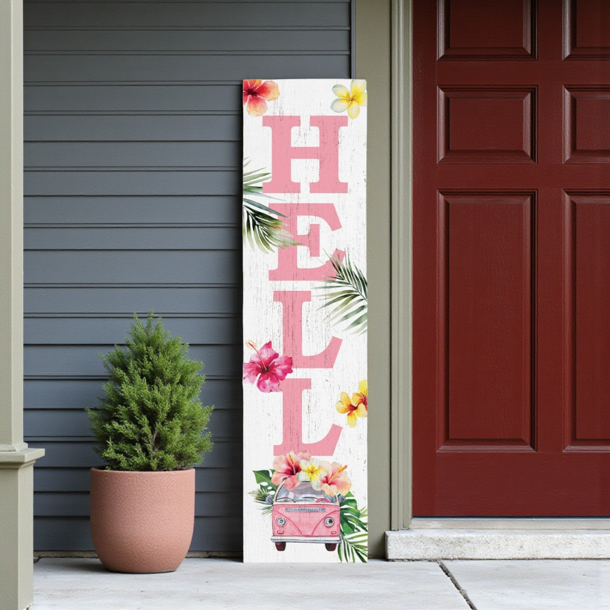 HomeRoots 36" Pink And White Solid Wood Tropical Floral Hello Porch ...