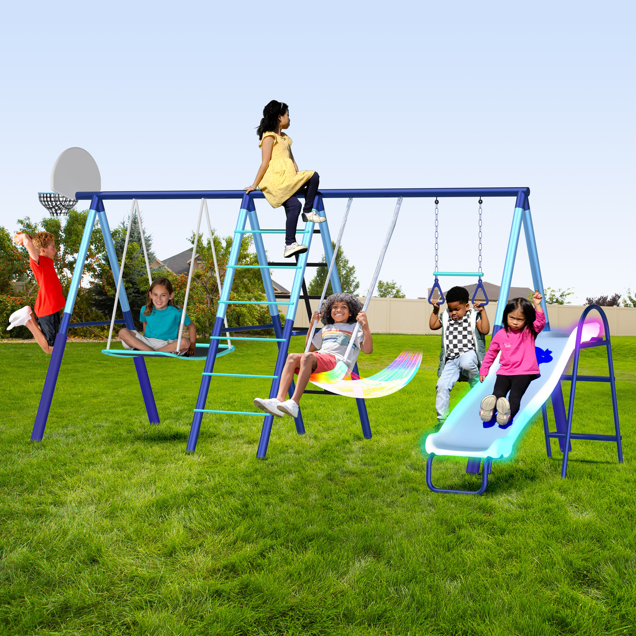 Sportspower Ramona Metal Swing Set 7-in 1: 3 Swings, Climbing Ladder ...