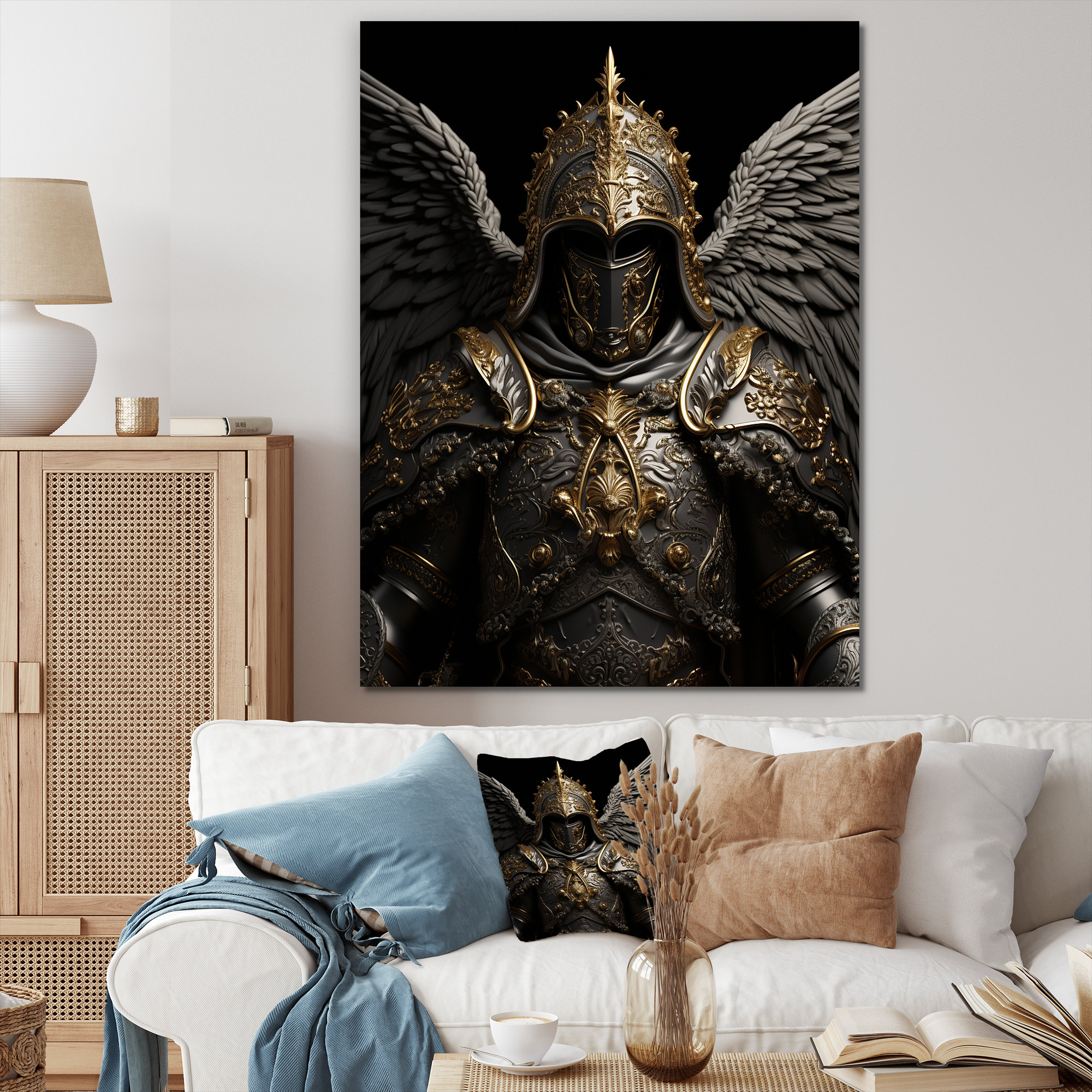 Astoria Grand Black Golden Winged Knight - Fantasy Wall Art | Wayfair