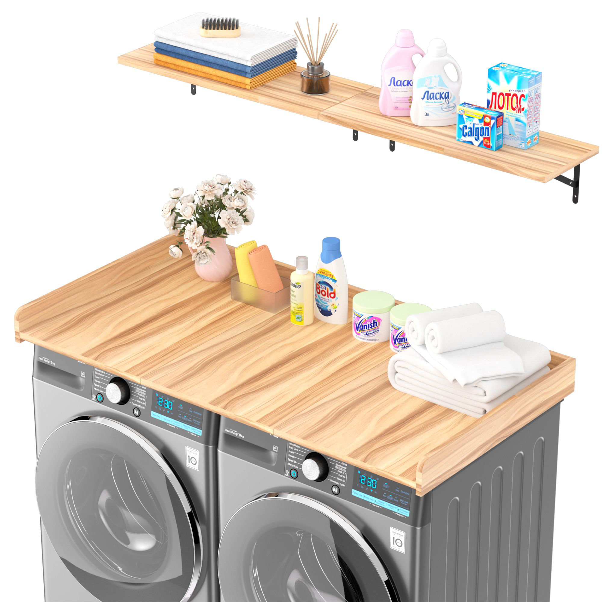Advwin Waterproof Wooden Washer Dryer Countertop with Wall Shelves Set ...