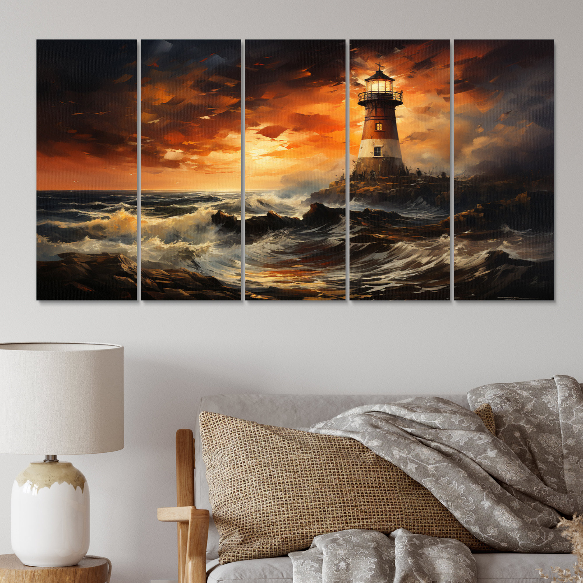 Design Art Denmark Lighthouse Glow - Denmark Canvas Wall Art - 5 Equal ...