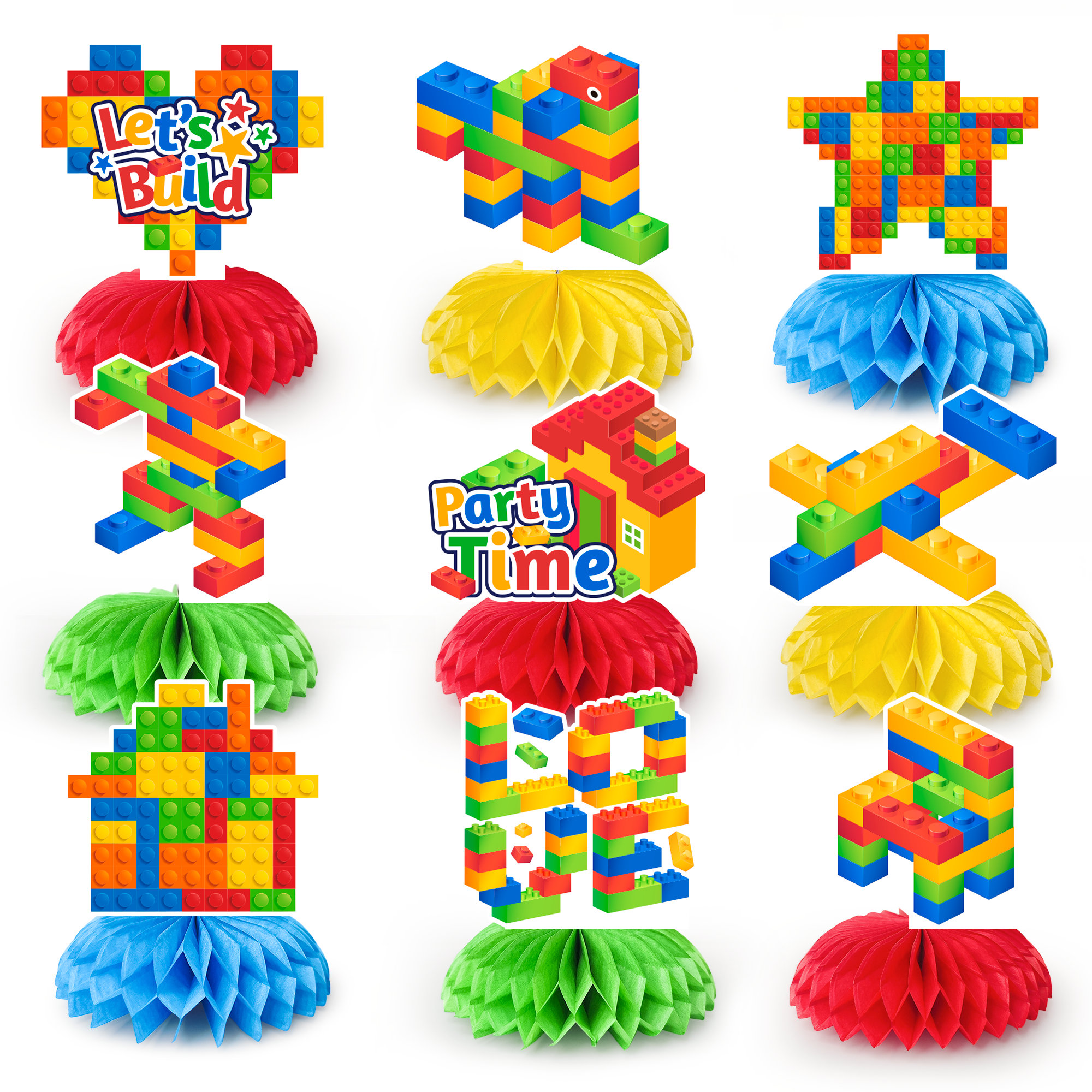 The Party Aisle™ Building Block Honeycomb Centerpieces, 9 Pcs Building ...