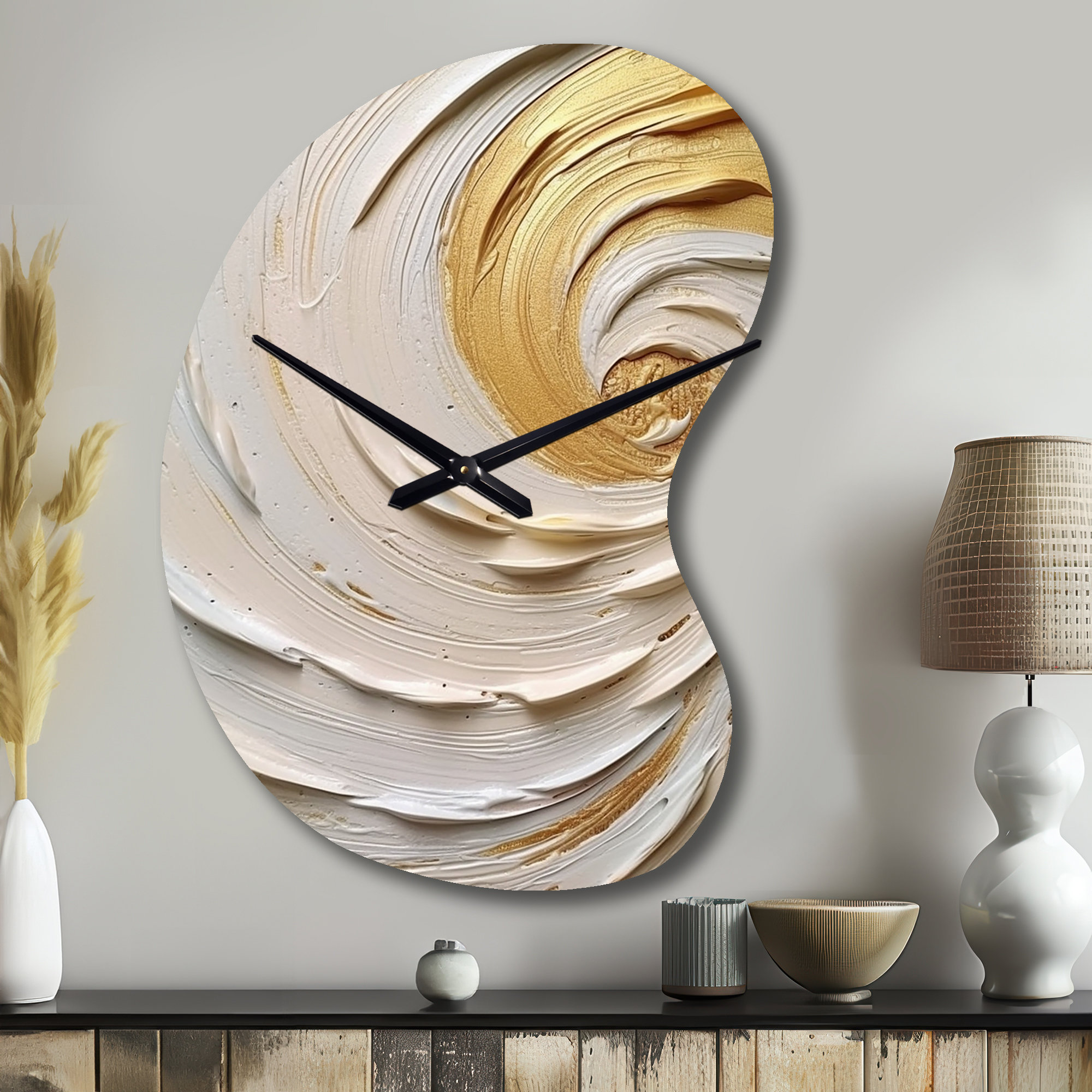 East Urban Home Faedra Gold Eternal Swirl IV - Abstract Spirals Unique Shape Metal Wall Clock ...