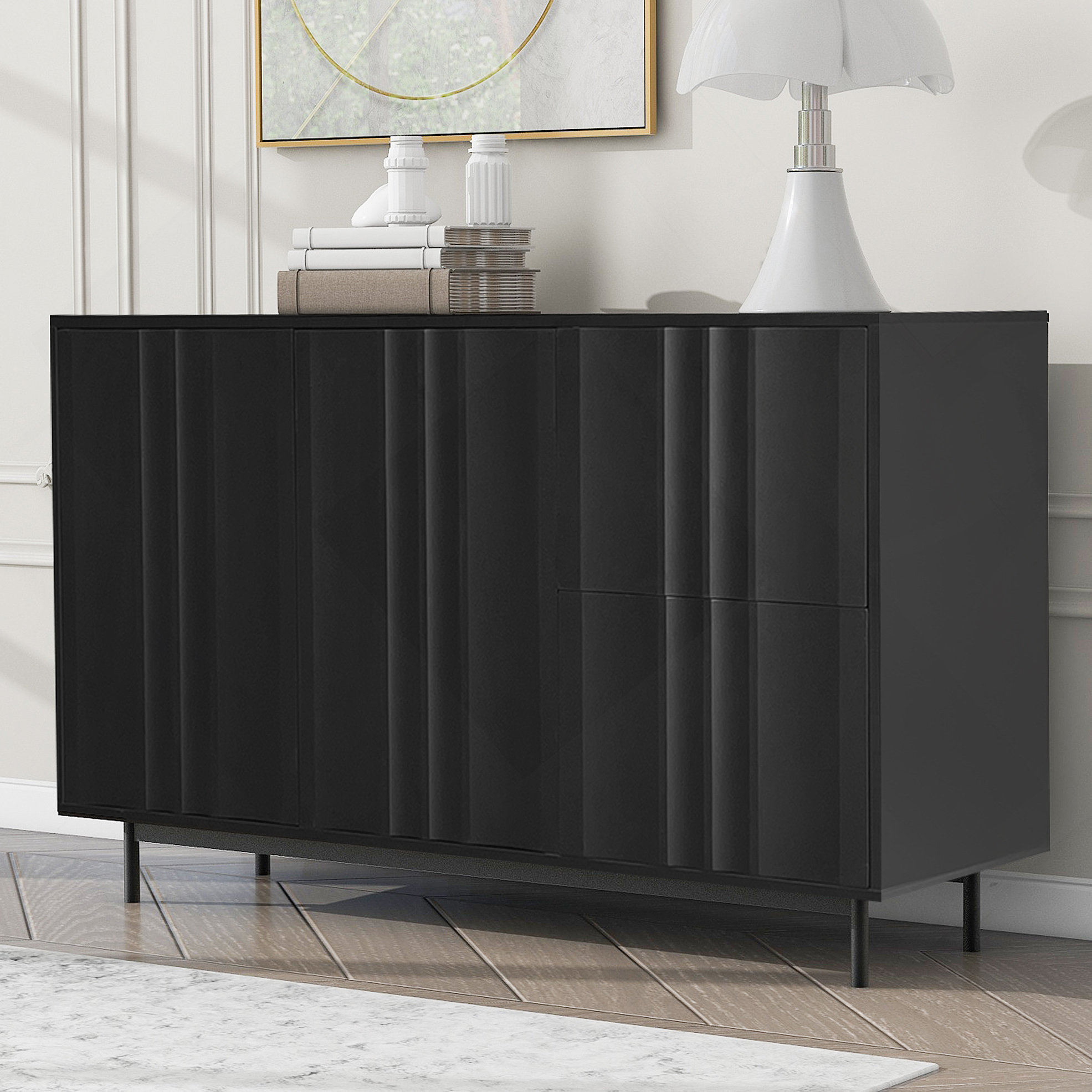 Ebern Designs Wave Pattern Storage Cabinet with 2 Doors and 2 Drawers, Adjustable, Suitable for ...