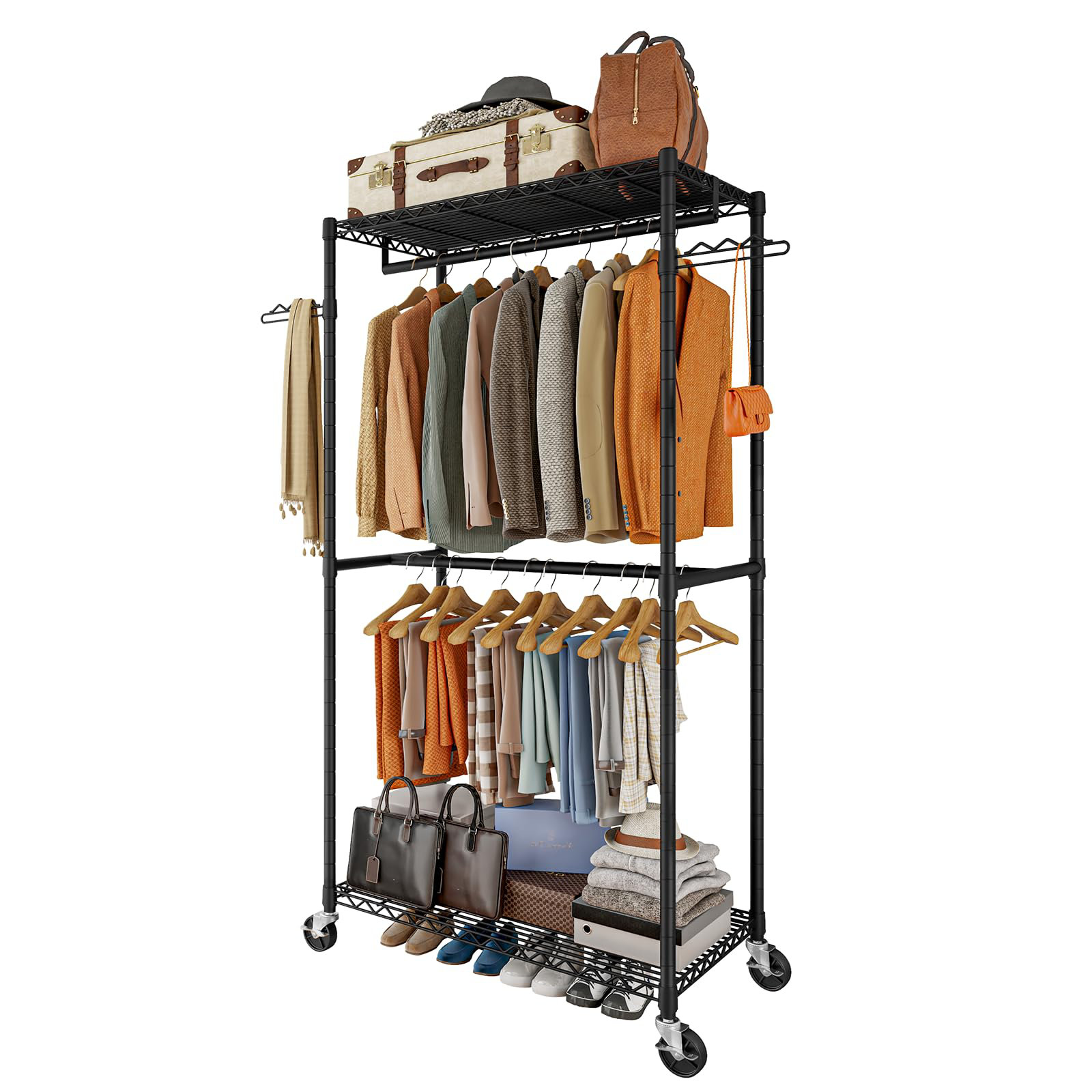 Rebrilliant Rolling Double Garment Rack, 350 Lbs Capacity, 2-Tier ...