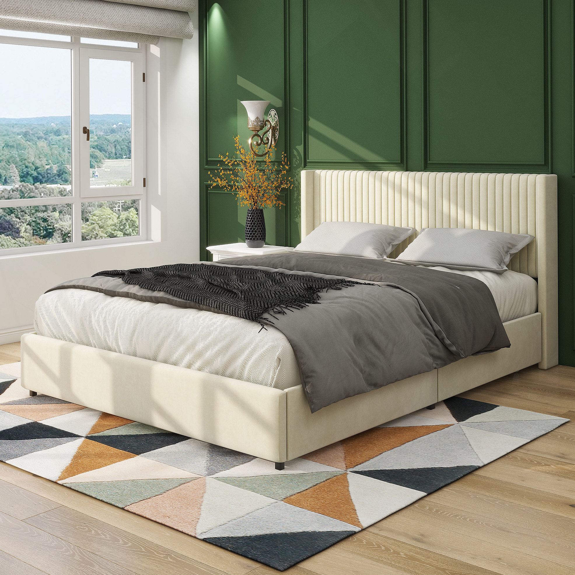 Ebern Designs Patented 2-Drawer Storage Bed Queen Ivory Velvet ...